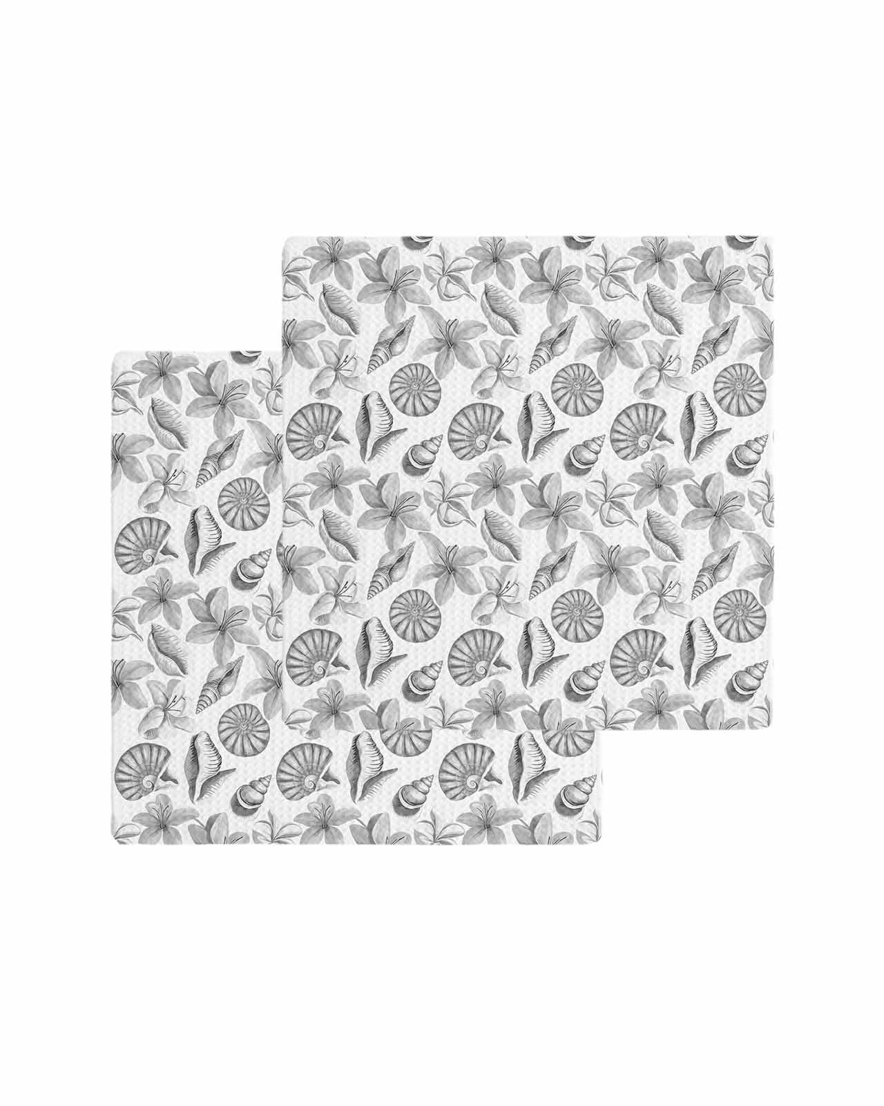 Grey Coastal Kitchen Dish Towels for Drying Dishes Set of 2, Shell Floral Ocean Retro Waffle ...