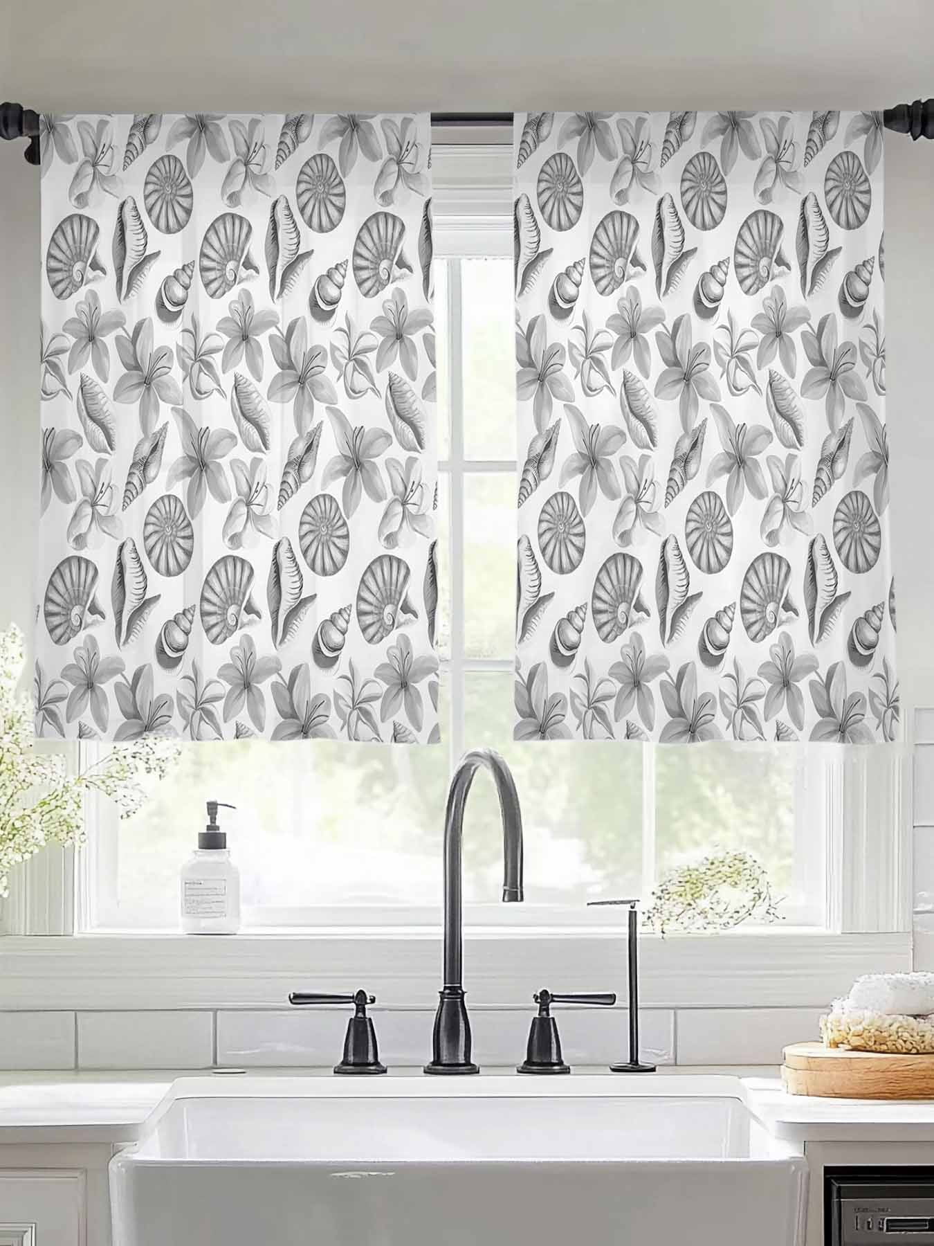Grey Coastal Sheer Curtains for Living Room Bedroom Shell Floral Ocean ...