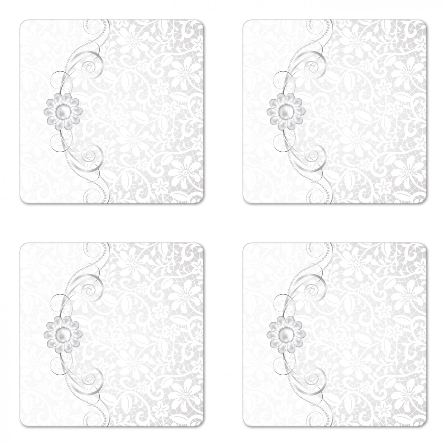 Grey Coaster Set of 4, Lace Inspired Flourish Motifs Background with ...