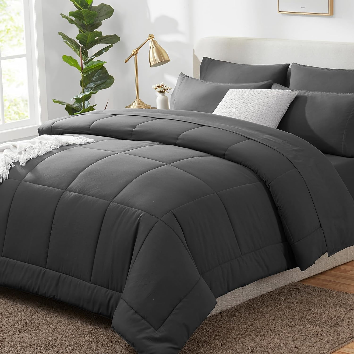 Grey Comforter for Queen Size Bed 7 Pieces Bed in a Bag Dark Gray ...