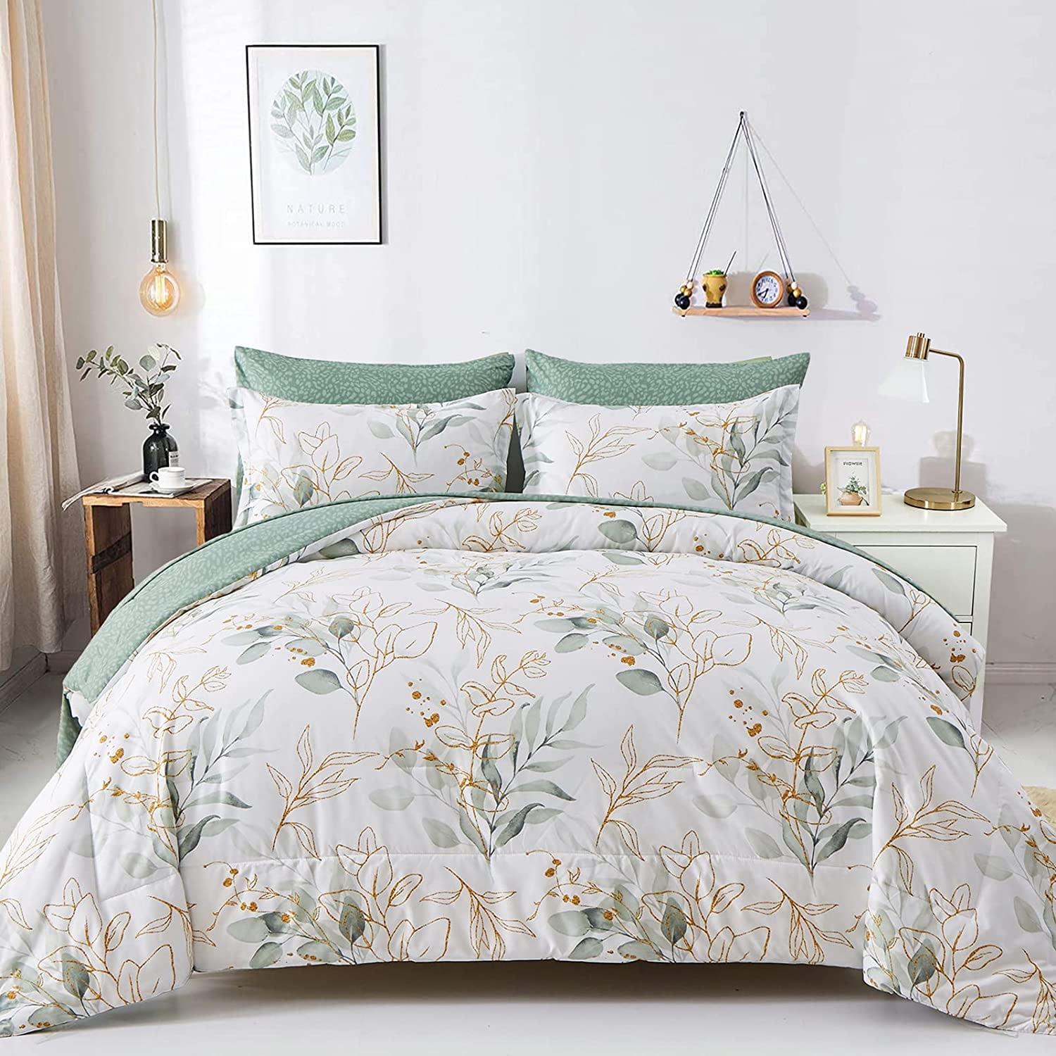 Grey Comforter Set Queen,7 Pieces Reversible Botanical Bed in a Bag Golden Leaves Bedding Set ...