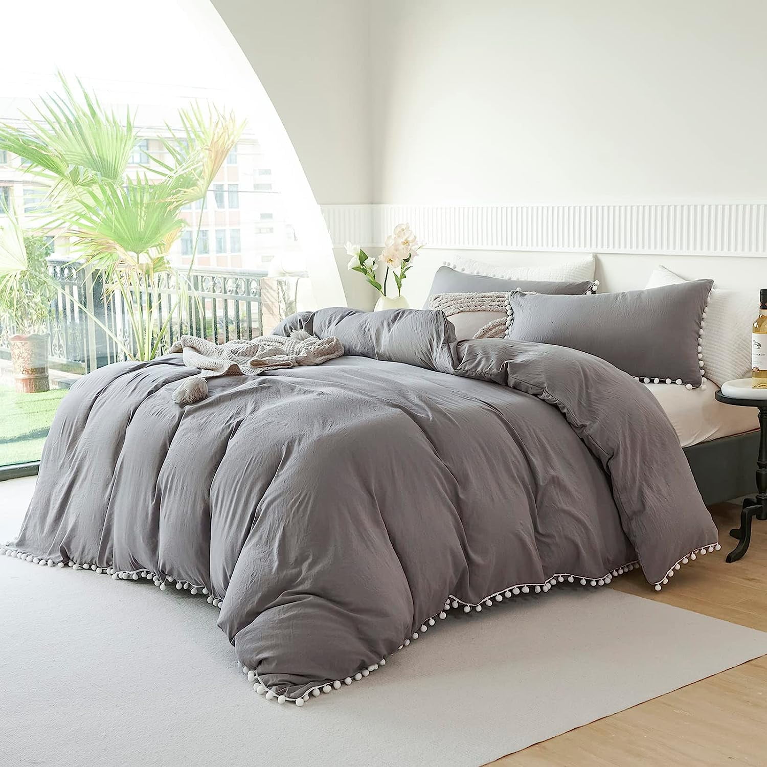 Grey Comforter Set Queen Boho Farmhouse Bedding Comforter Light Grey ...