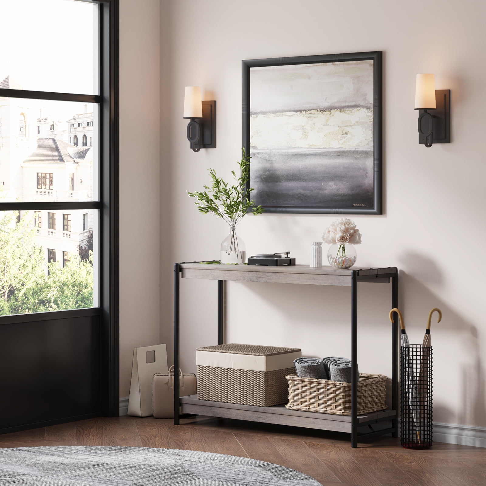 Grey Console Table, 39.5" Entryway Table with Storage, Slatted Style 2 ...