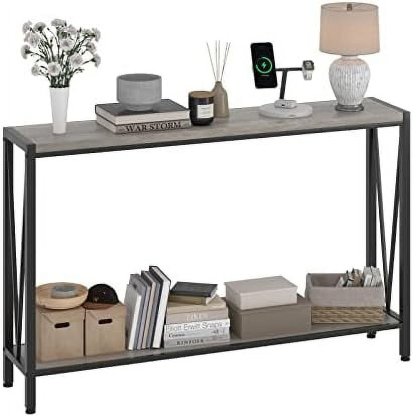 Grey Console Table, 42.9" Grey Entryway Table with Storage, Wood and Metal 2-Tier Narrow Long ...