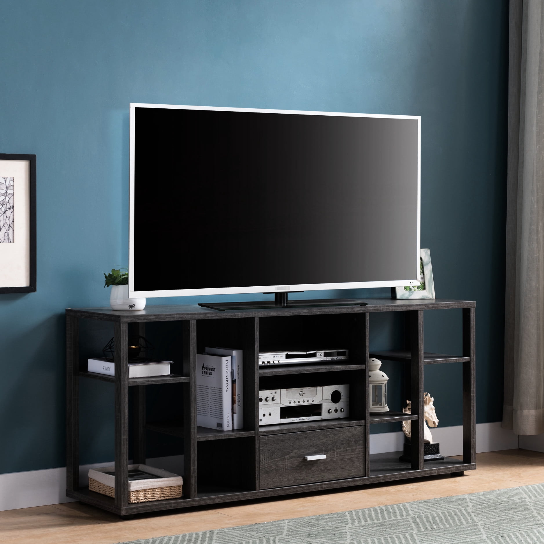 Grey Contemporary Tv Stand With Ten Shelves And One Drawer. Metal Glide ...