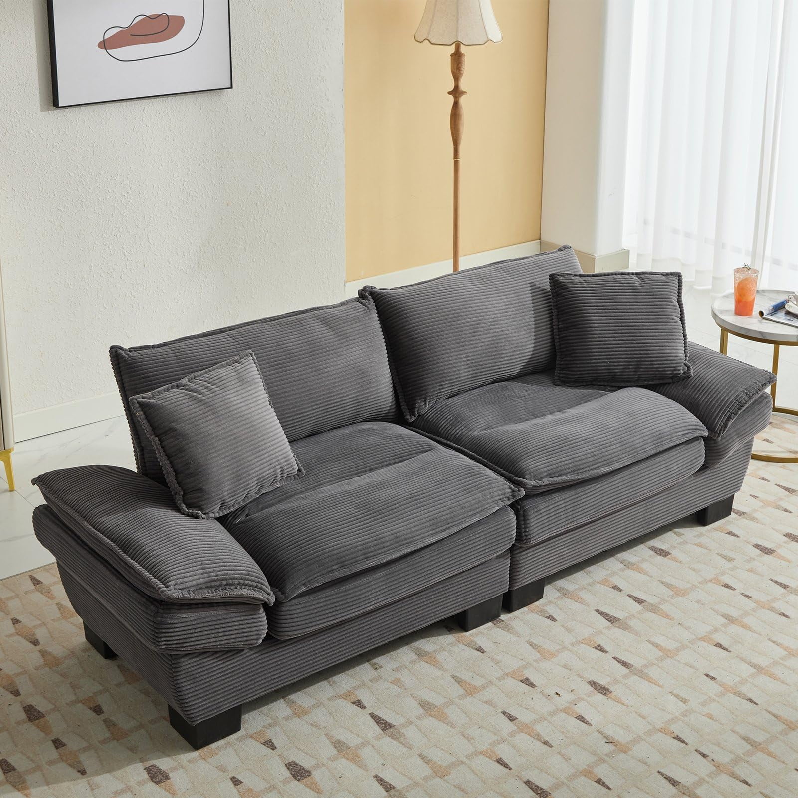 Grey Corduroy Loveseat Sofa - Upholstered Deep Seat Couch with Pillows ...