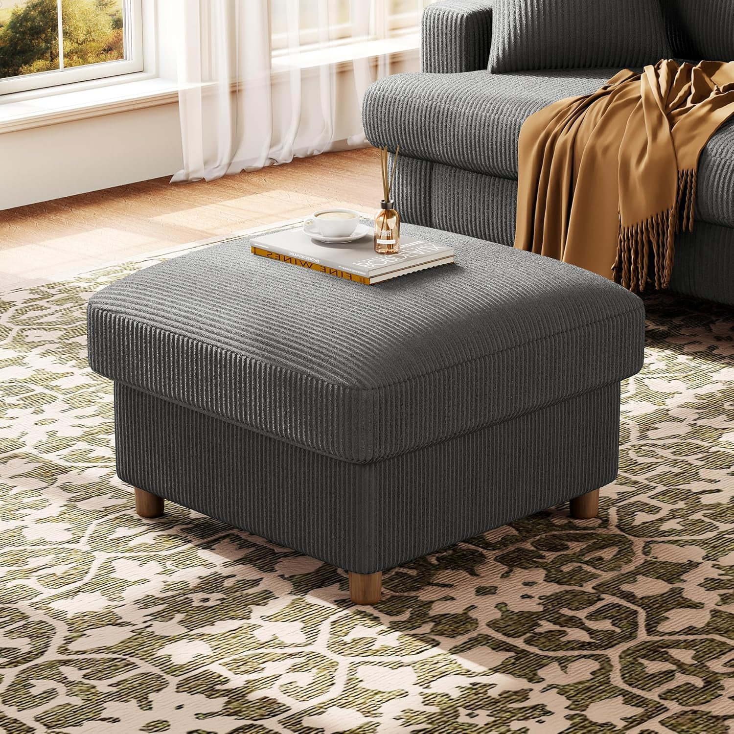 Grey Corduroy Storage , 25" Large Living Room, Tool-Free Setup with ...