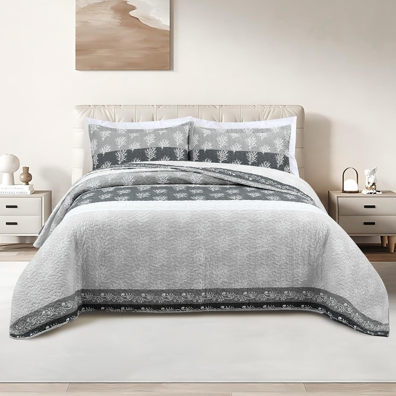 Grey Cottage Floral Bohemian Stripe Patchwork 100% Cotton Double Bed Duvet Cover Set Two-Sided ...
