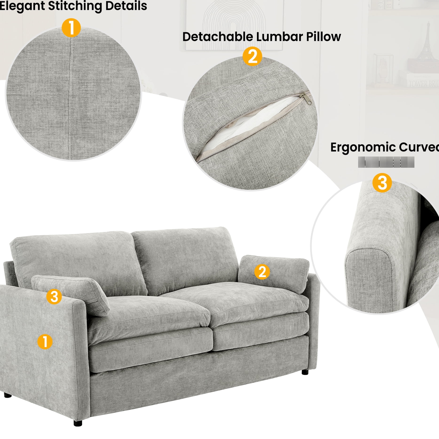 Grey Couch With Double Cushion, Foam Filler & Ergonomic Curved For ...