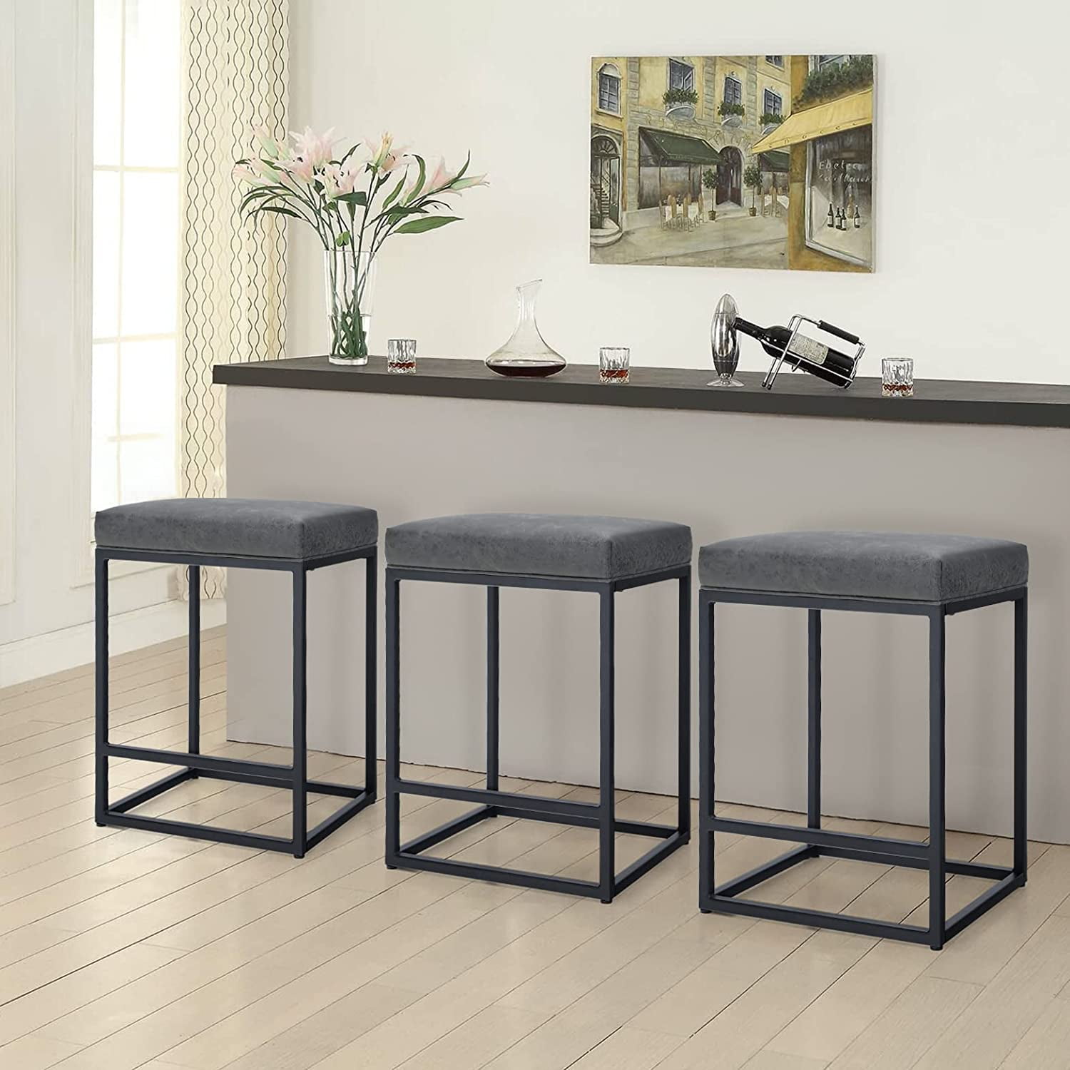 Grey Counter Height Bar Stools Set of 3 for Kitchen Counter 24 Inch ...