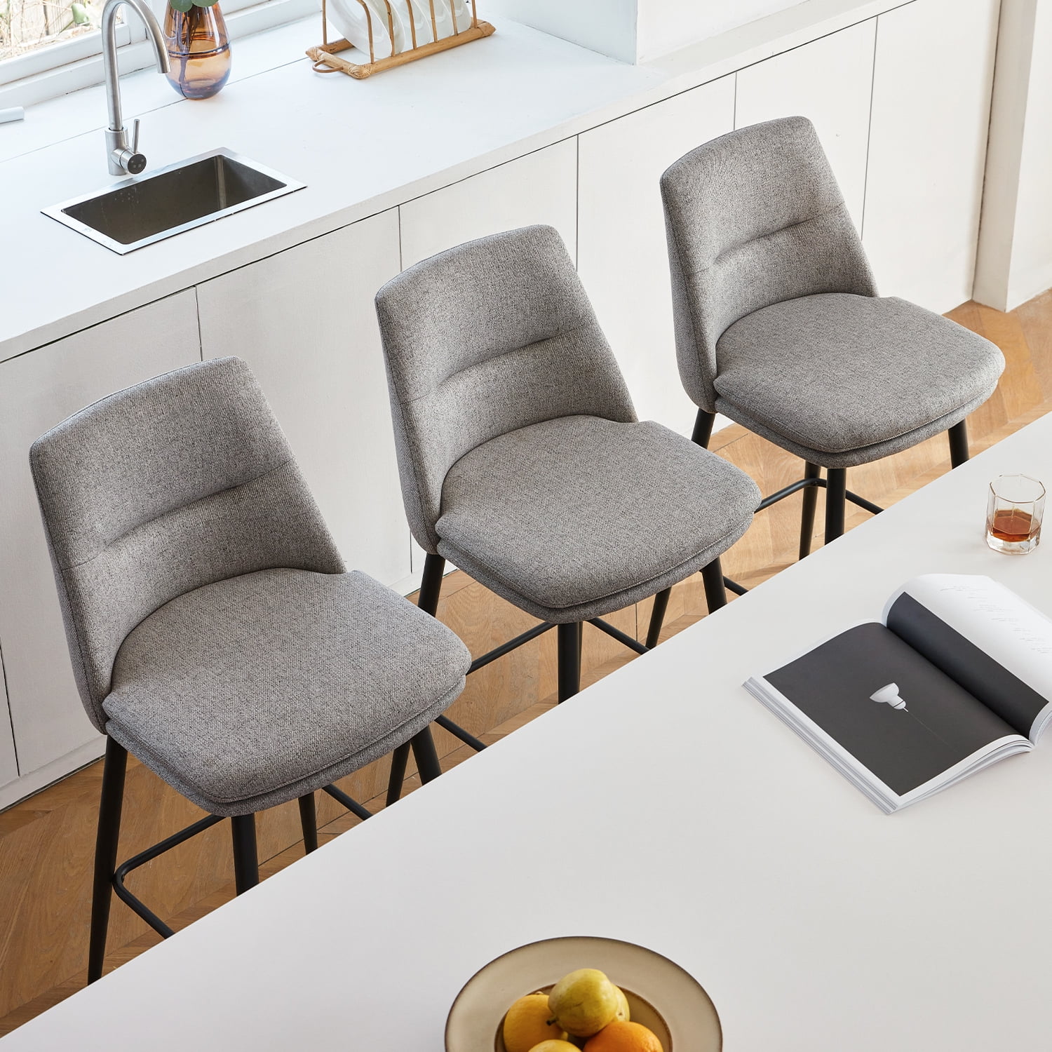 Grey Counter Height Bar Stools Set of 3, 27 Inch Seat Height with Back ...