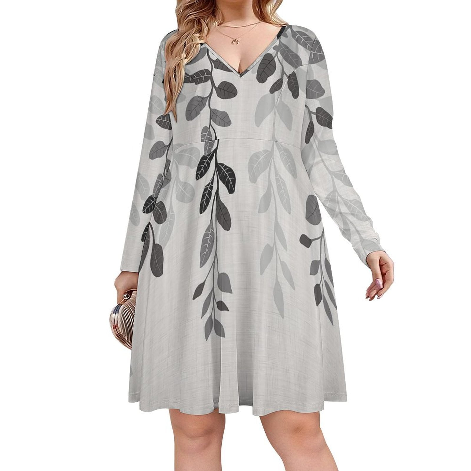 Grey Country Rustic Leaves Plant Long Sleeve Dresses For Women Vintage ...