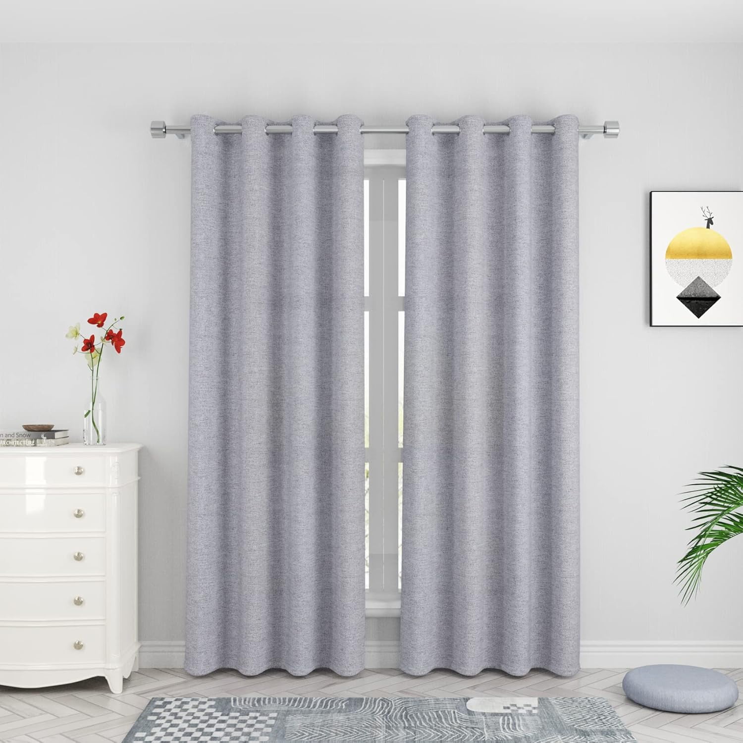 Grey Curtains 80 Inch Length Kitchen Semi Sheer Privacy Linen Textured ...