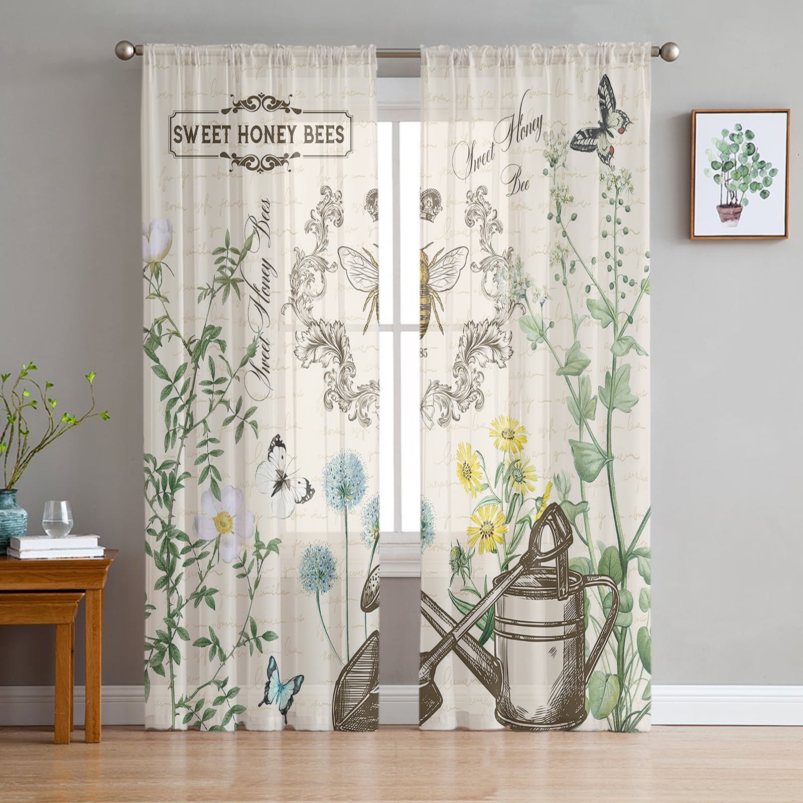 Grey Dandelion Flowers Plants Sheer Curtain for Living Room Bedroom ...
