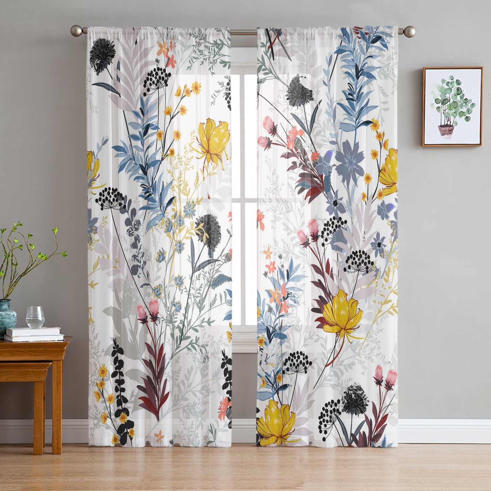 Grey Dandelion Flowers Plants Sheer Curtain for Living Room Bedroom ...