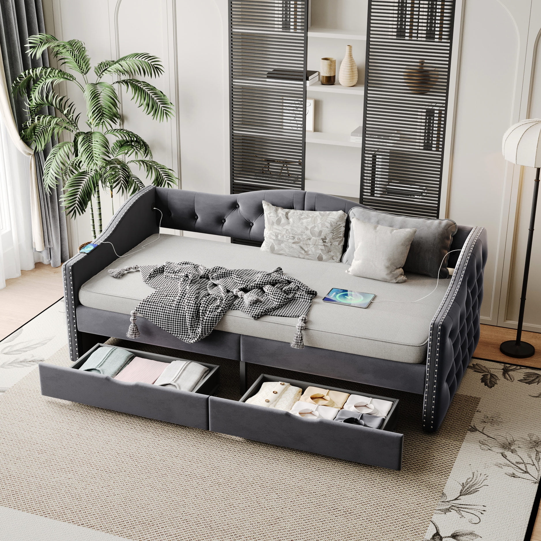 Grey Daybed with Storage Function / Roll-Out Drawers, Sofa Conversion ...