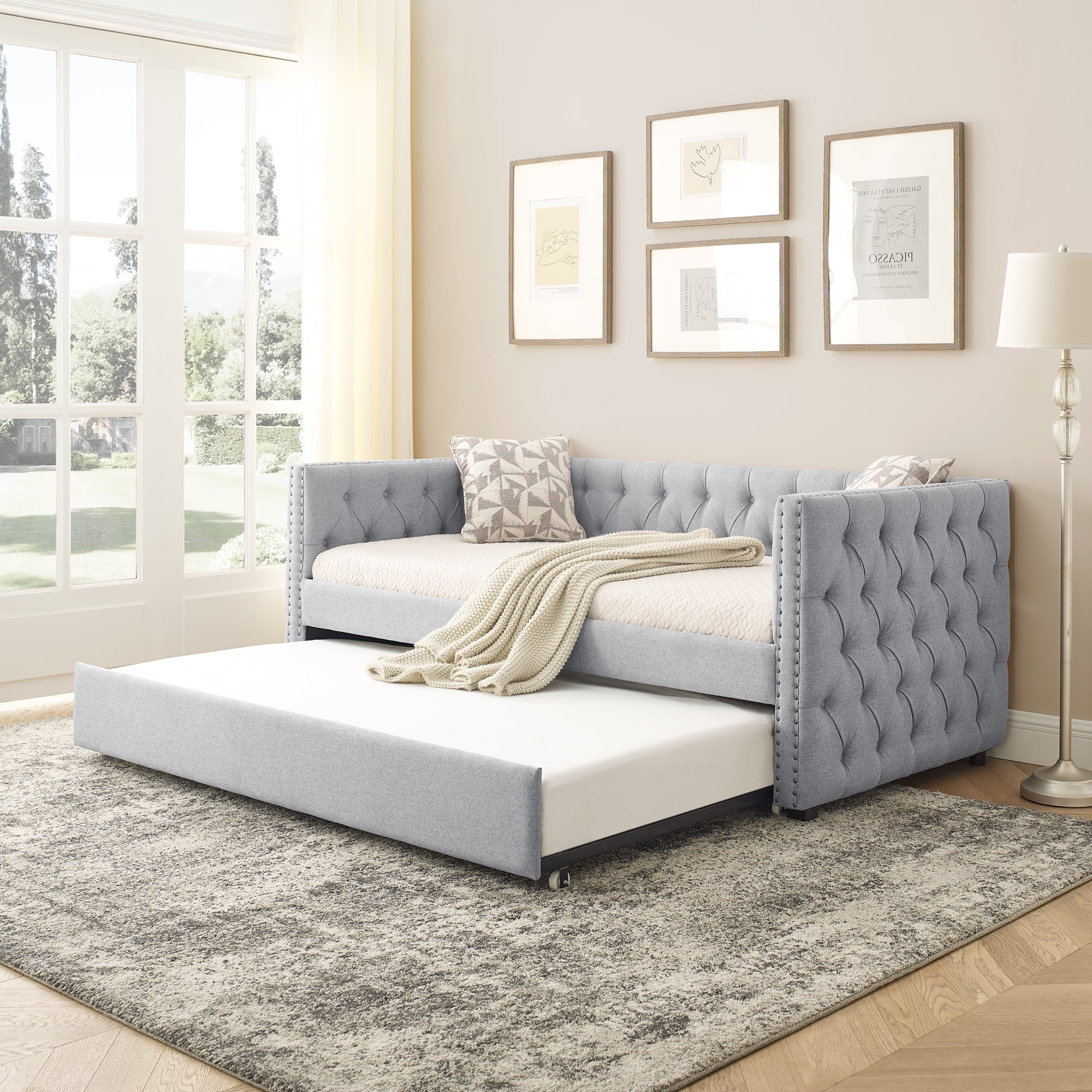Grey Daybed with Trundle, Tufted Upholstered Sofa Bed with Copper ...