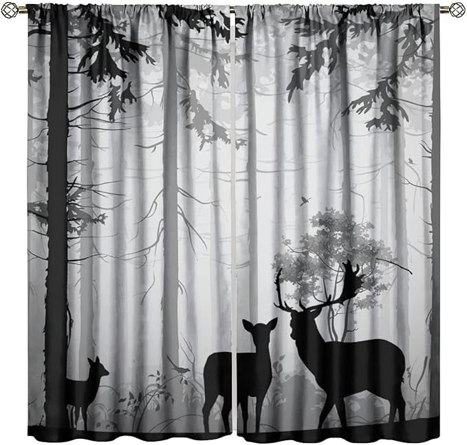 Grey Deer Curtains, Rustic Woodland Misty Foggy Forest Elk Vintage ...