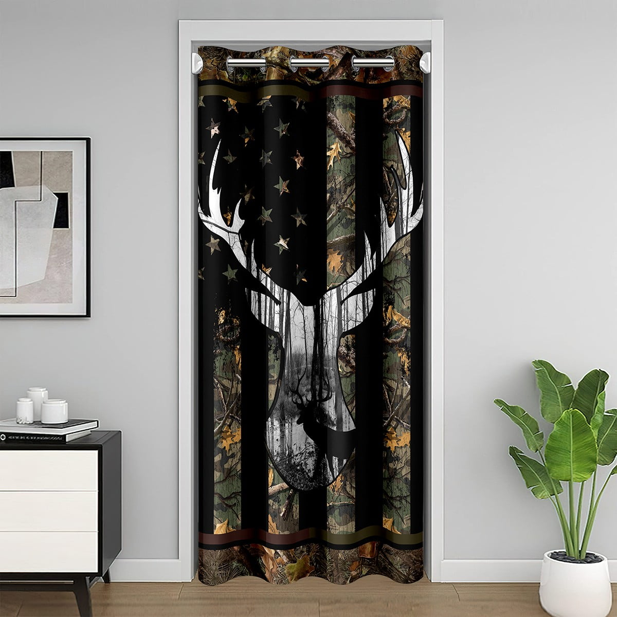 Grey Deer Door Drape Teens Federation Flag Blackout Curtain Camouflage Decor Door Curtain For ...
