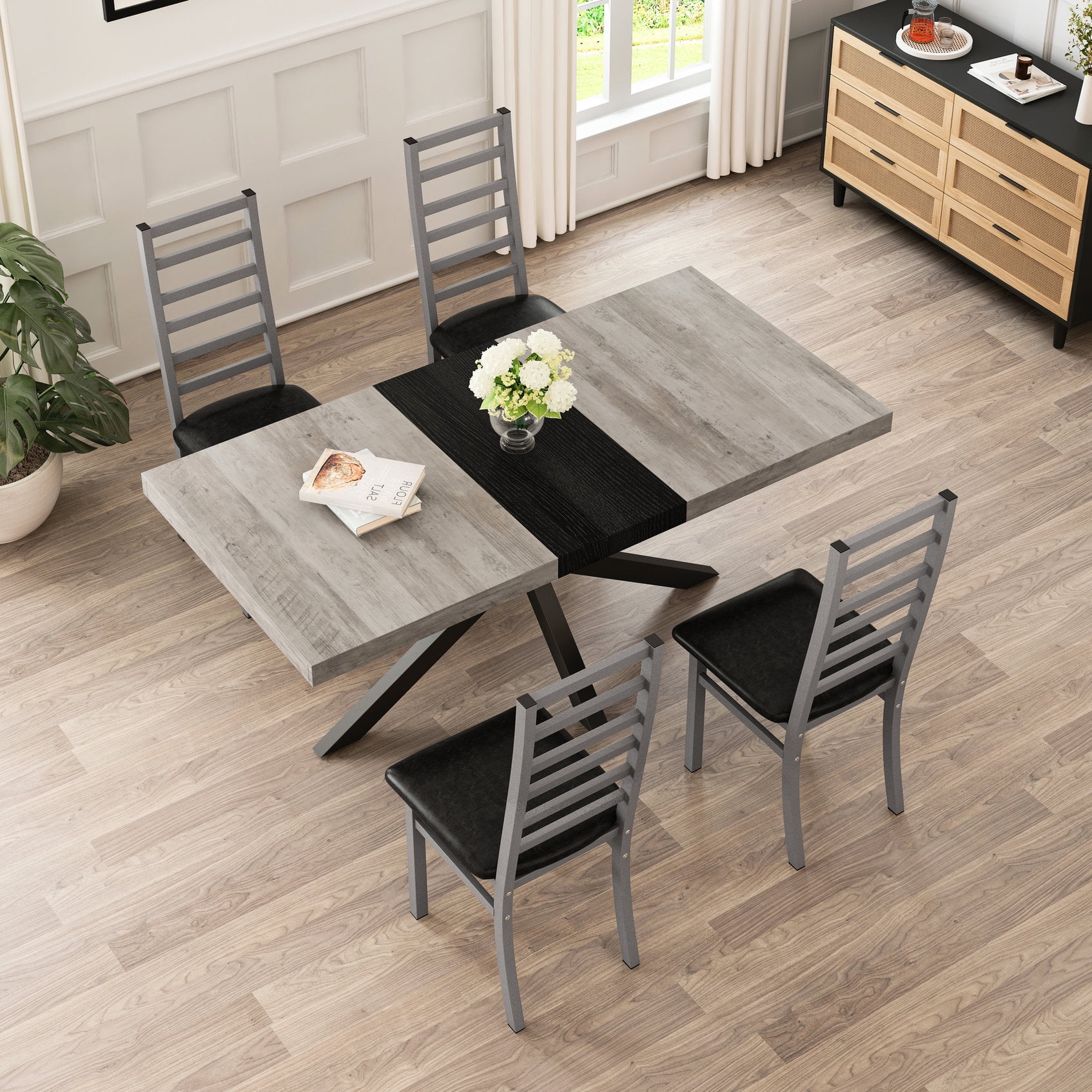 Grey Dining Table Set with Storage Box / Armless Leather Chairs for ...