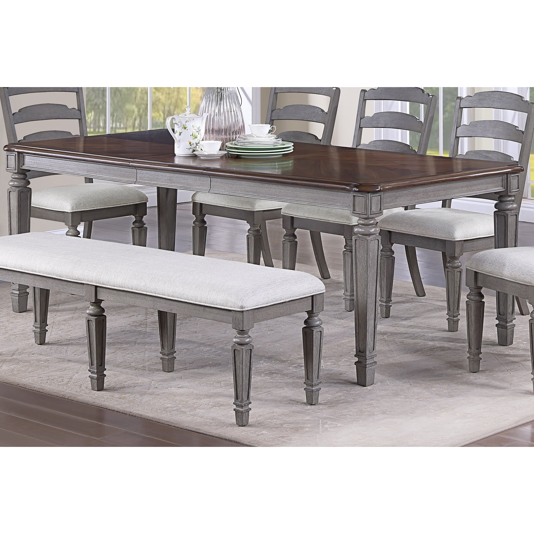 Grey Dining Table With Leaf, Seats 6, Contemporary Design, Rubber Wood ...