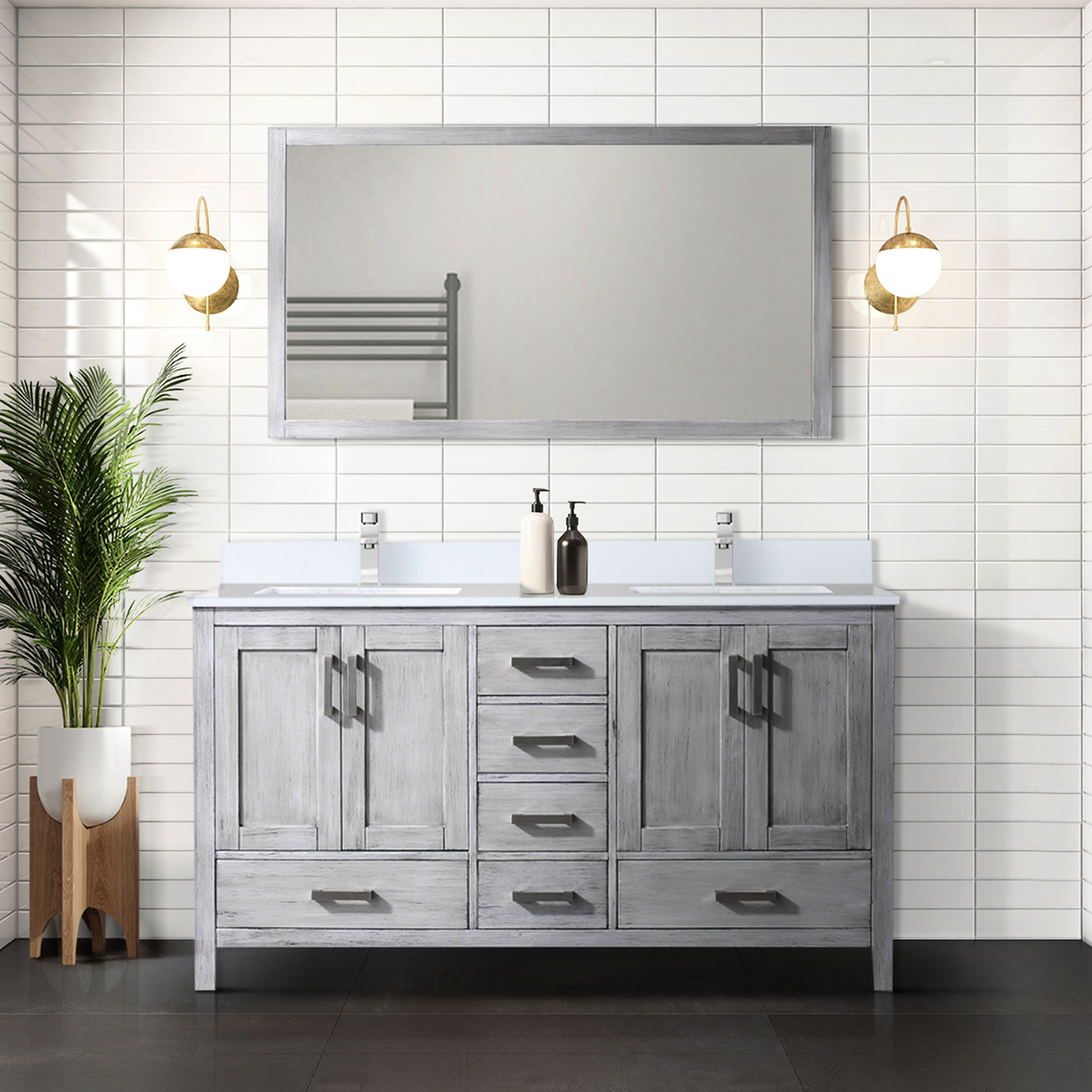 Grey Double Bath Vanity 60" X 22". Marble Top & Solid Wood. Soft Close ...