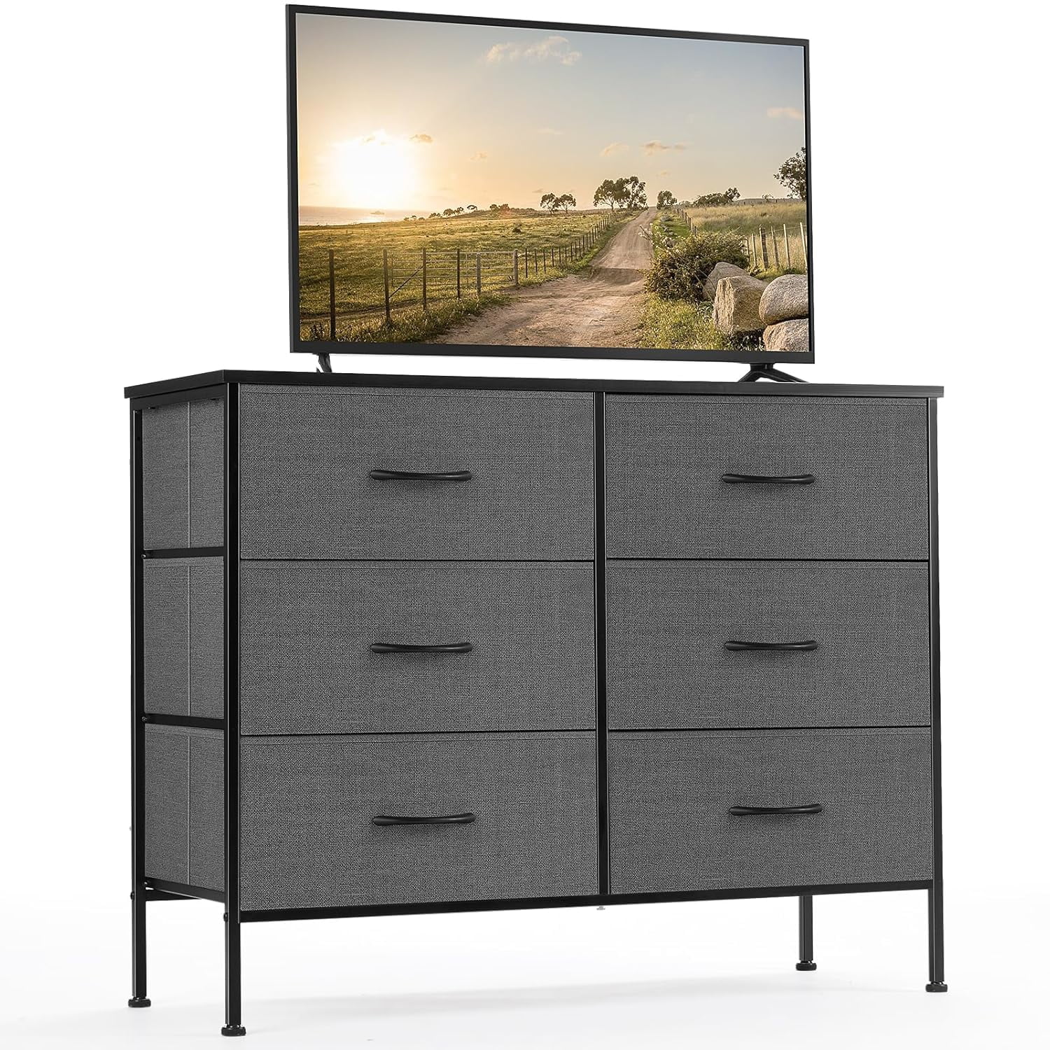 Grey Dresser for Bedroom, TV Stand for 45 Inch TV, 6-Drawer Fabric ...