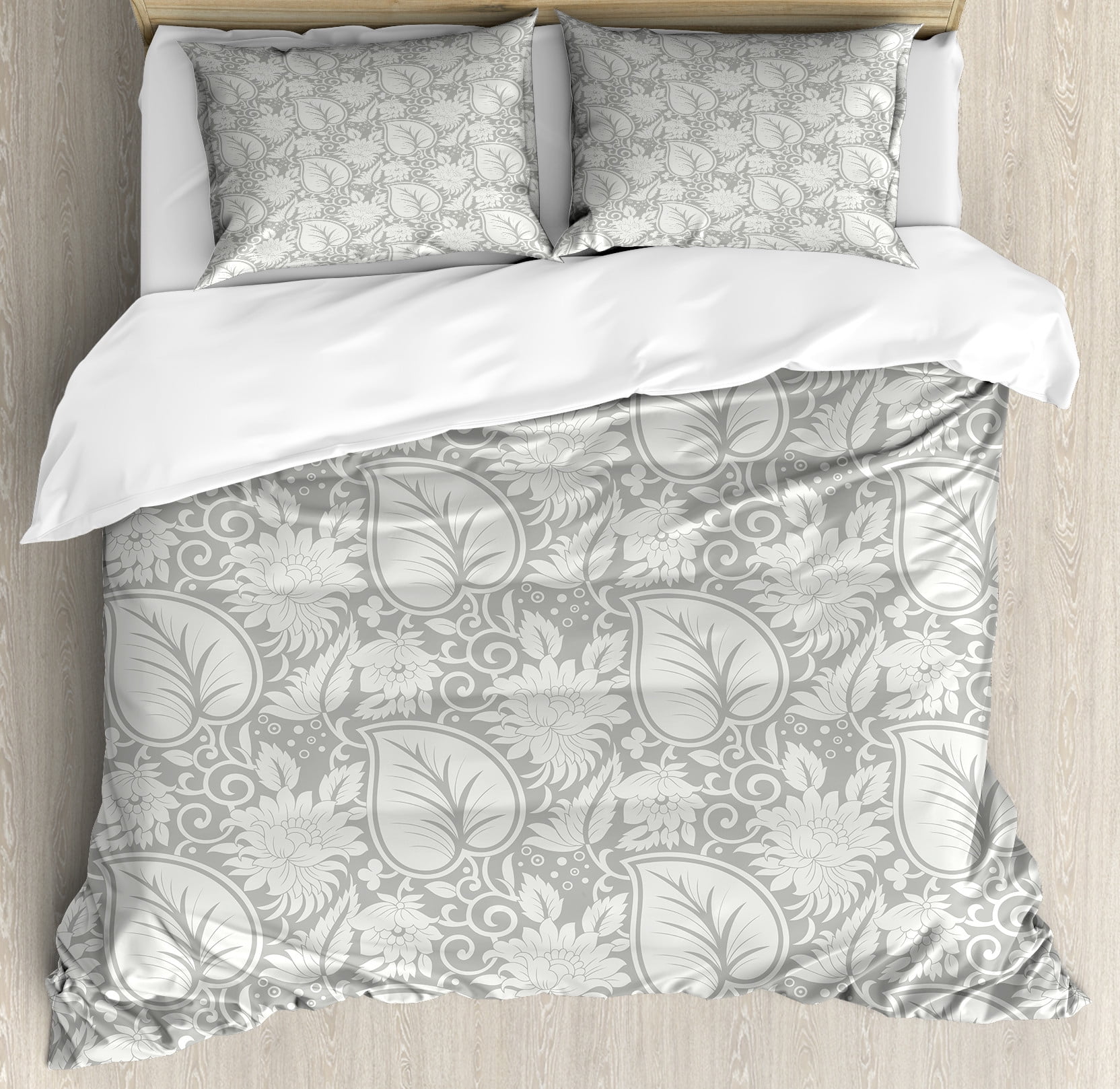 Grey Duvet Cover Set, Big Leaves on Old Fashion Floral Background ...