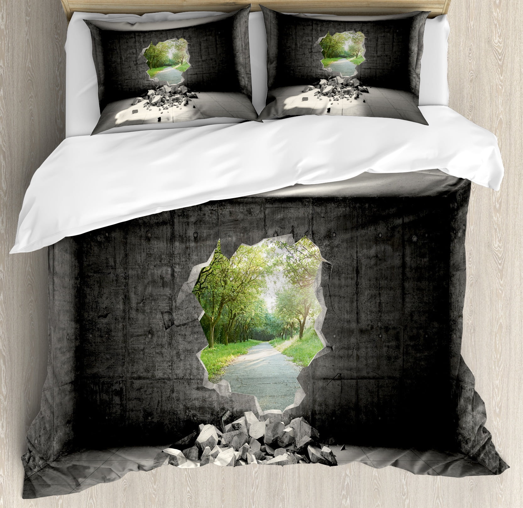 Grey Duvet Cover Set, Concrete Room with a Hole in the Wall and Exit to ...