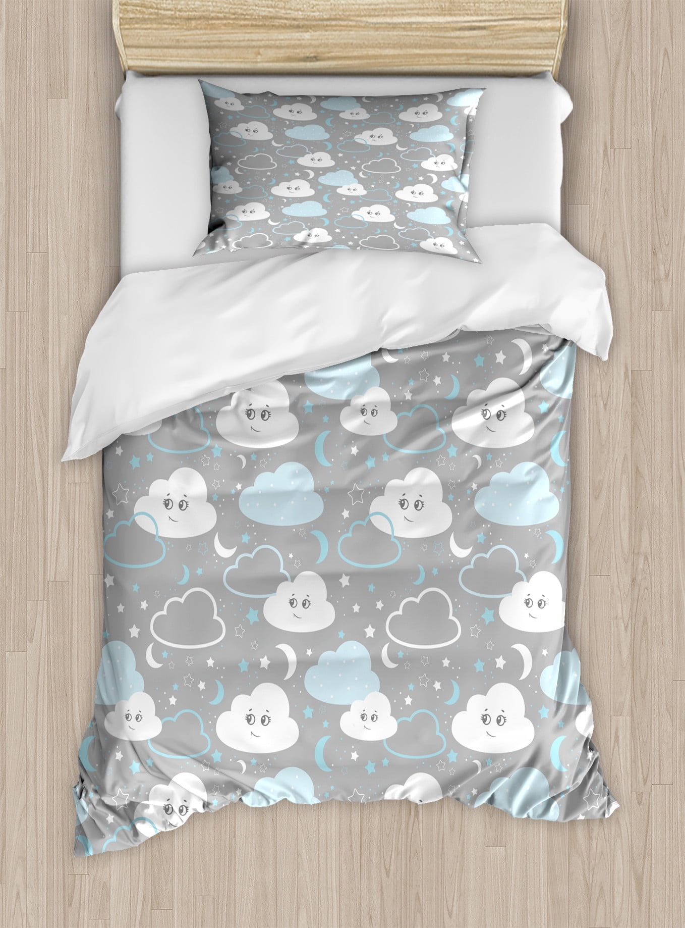 Grey Duvet Cover Set, Dream Sleep Themed Cartoon Smiling Cloud ...
