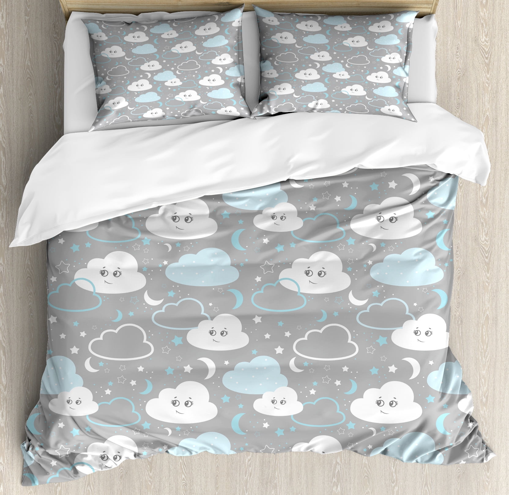 Grey Duvet Cover Set, Dream Sleep Themed Cartoon Smiling Cloud ...
