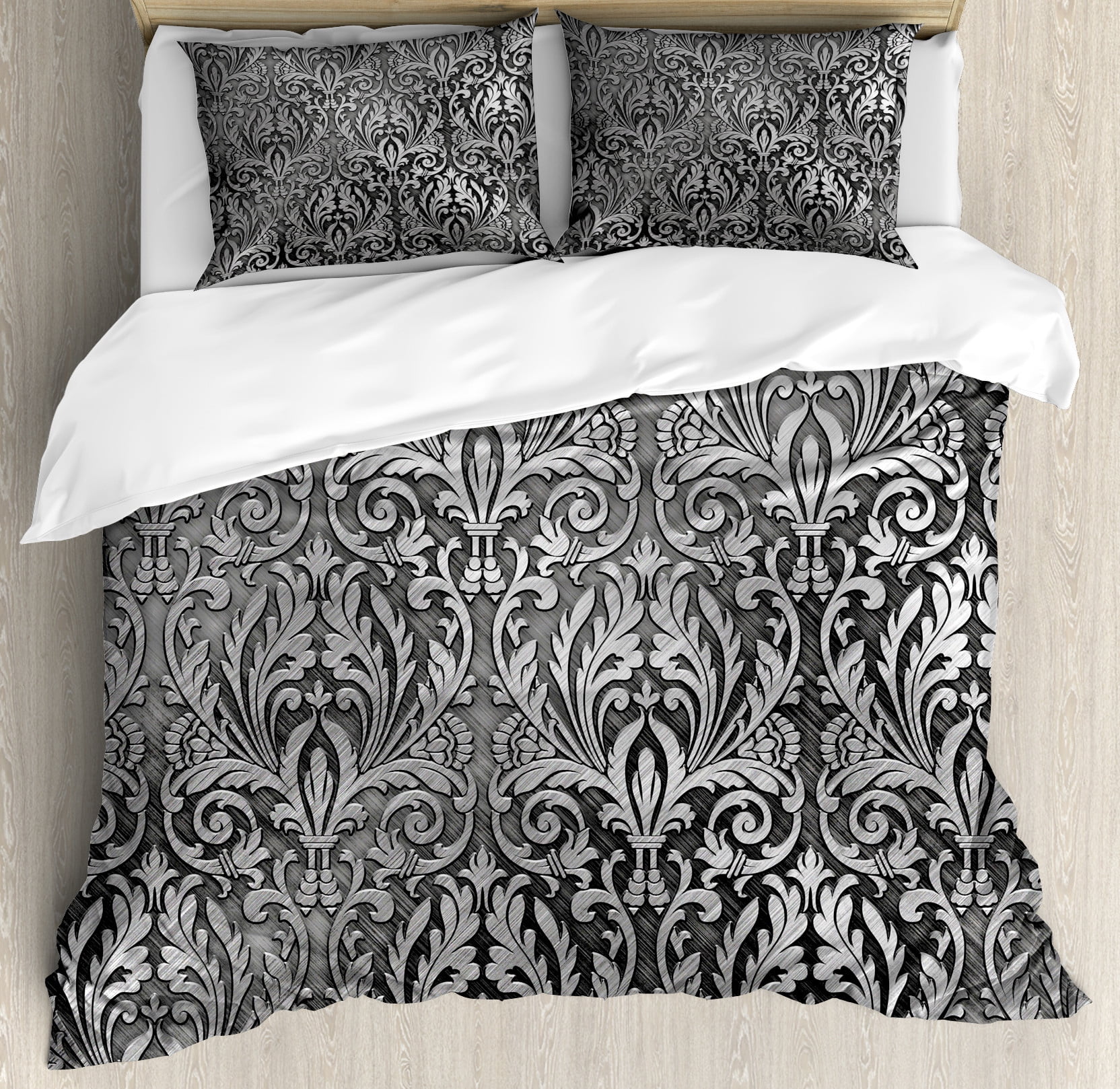 Grey Duvet Cover Set, Graphic with Classic Floral Ornaments Medieval ...