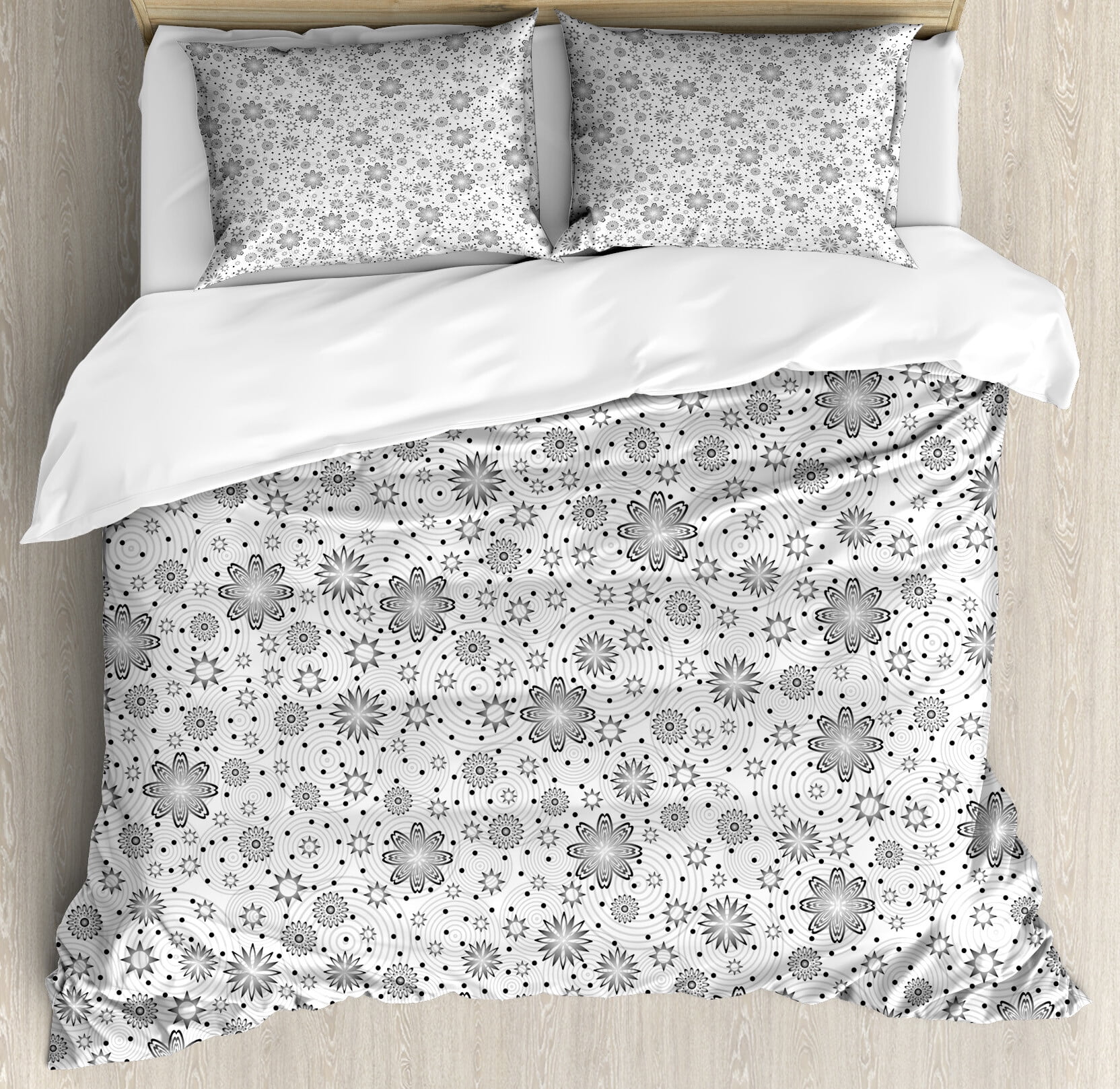 Grey Duvet Cover Set, Mix Florals with Rotary Round Rings and Dot Spots ...