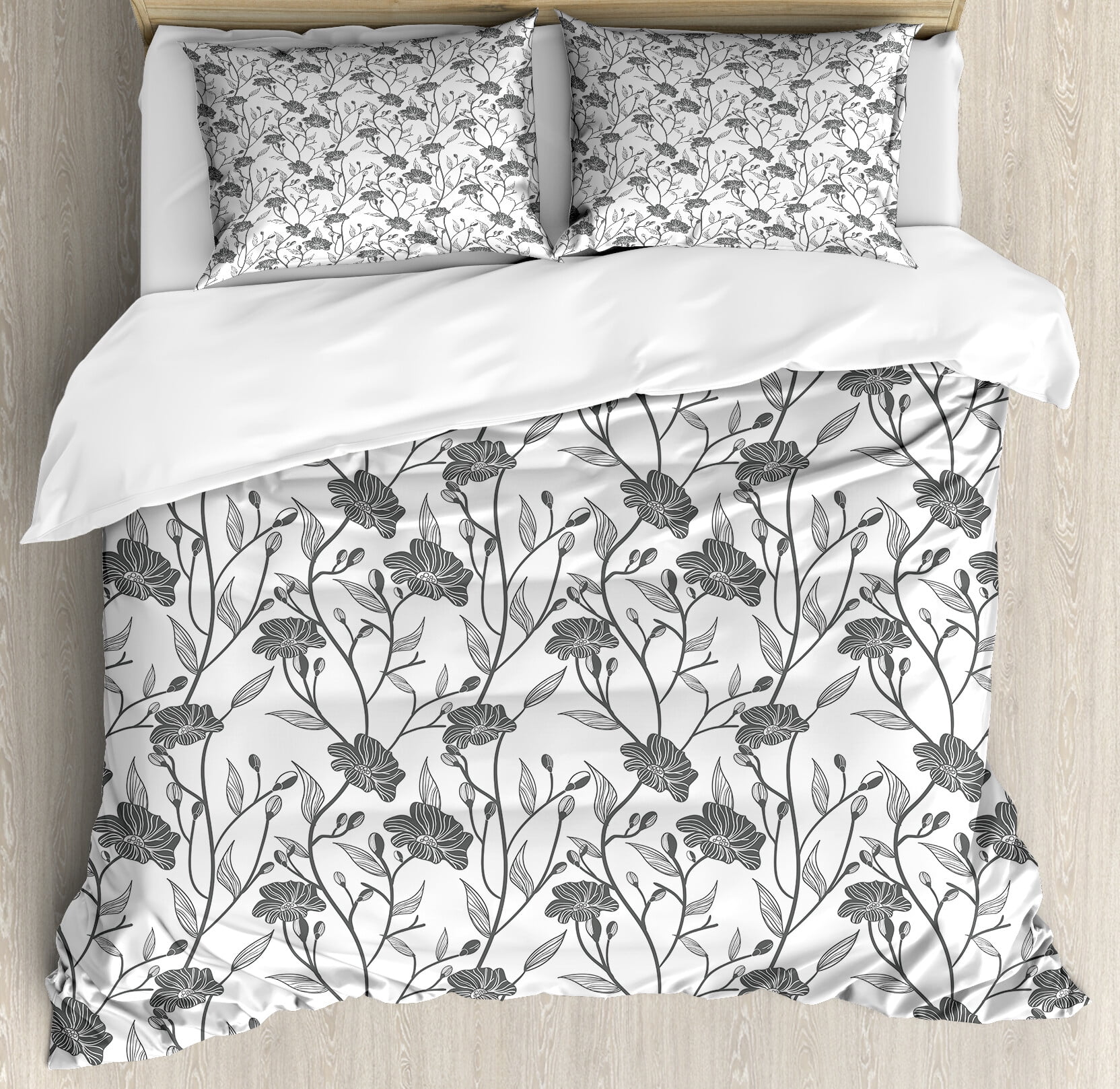 Grey Duvet Cover Set, Modern Graphic of Flowers and Branches with ...