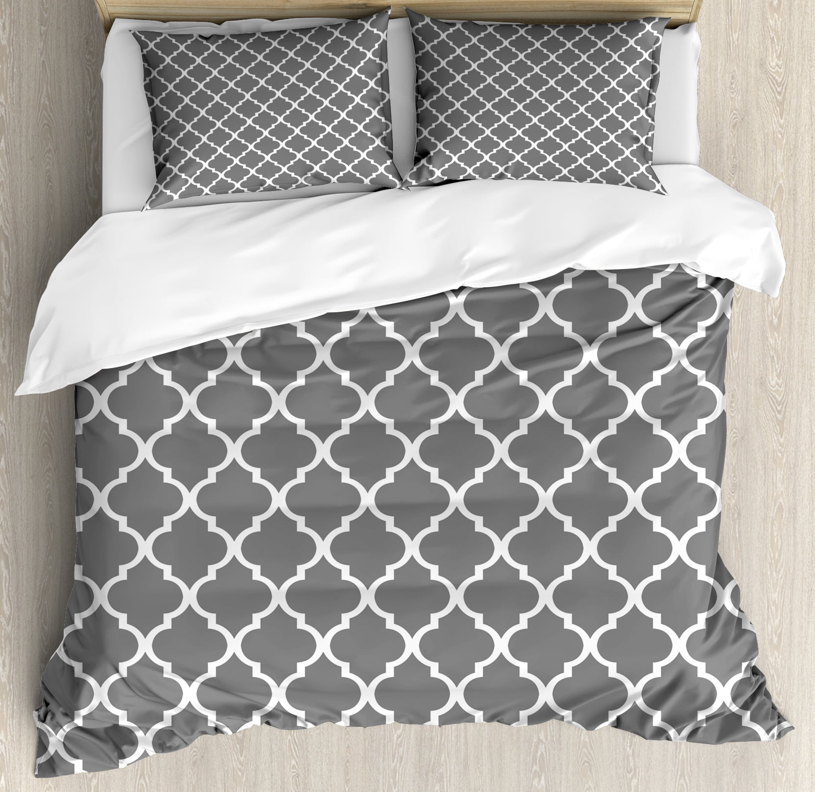 Grey Duvet Cover Set, Quatrefoil Pattern Barbed Design Geometric Leaf ...