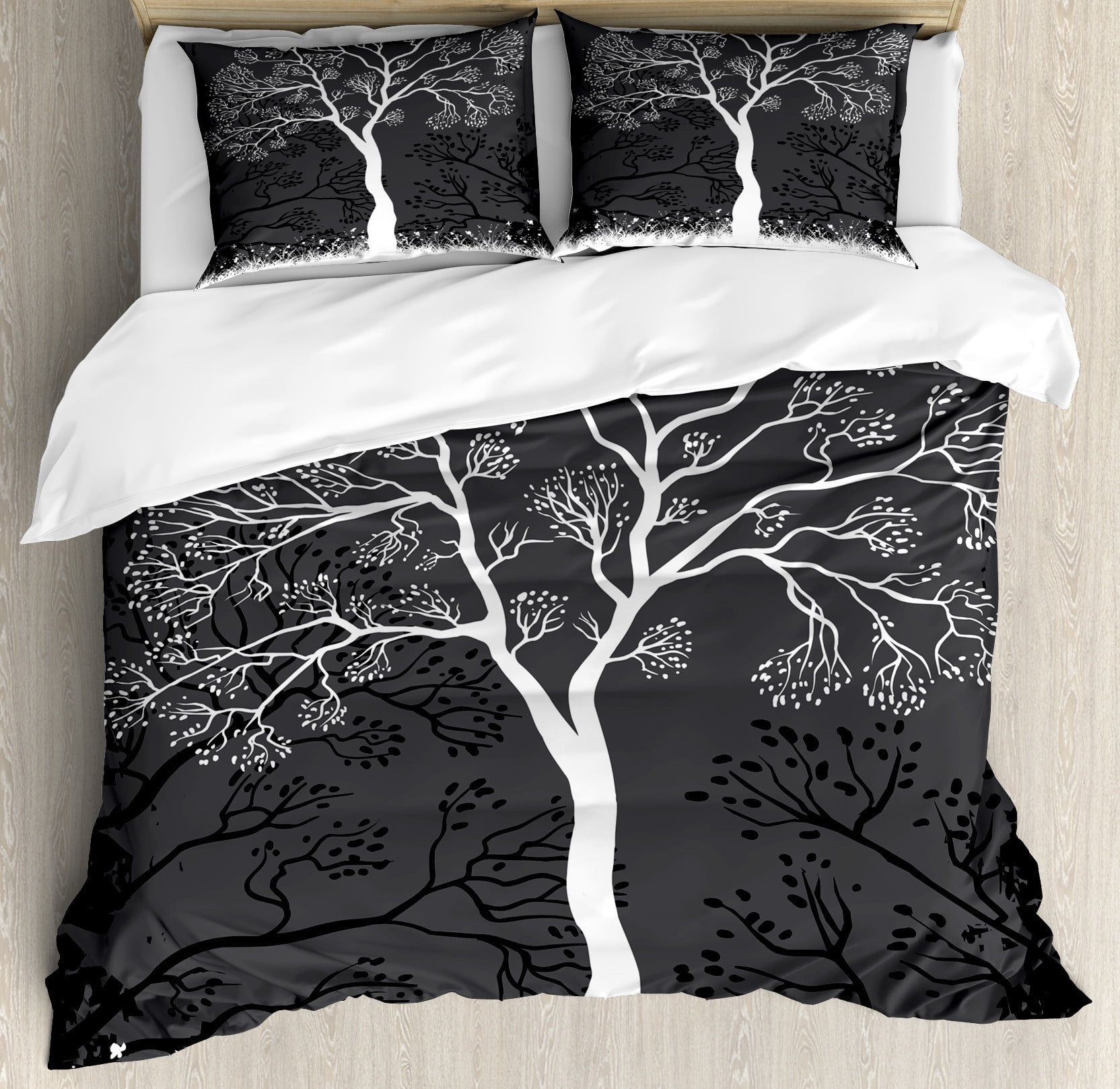 Grey Duvet Cover Set, Tree Illustration with Growing Branches Merry ...