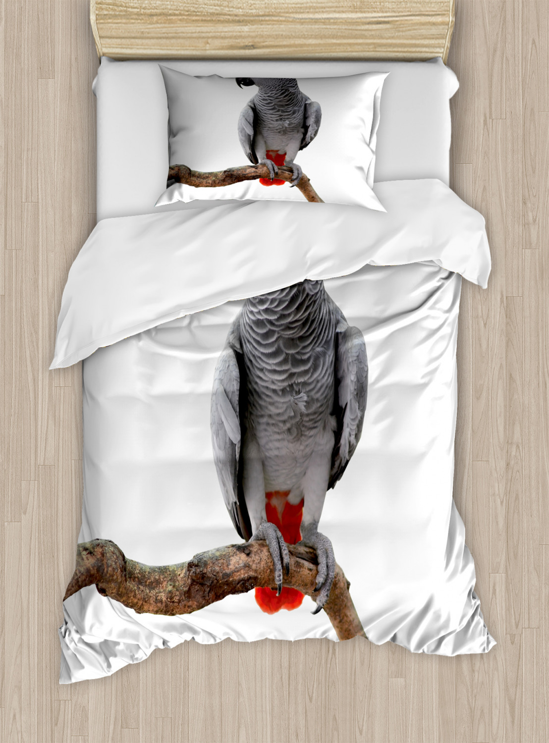 Grey Duvet Cover Set Twin Size, African Parrot Bird Psittacus Erithacus ...