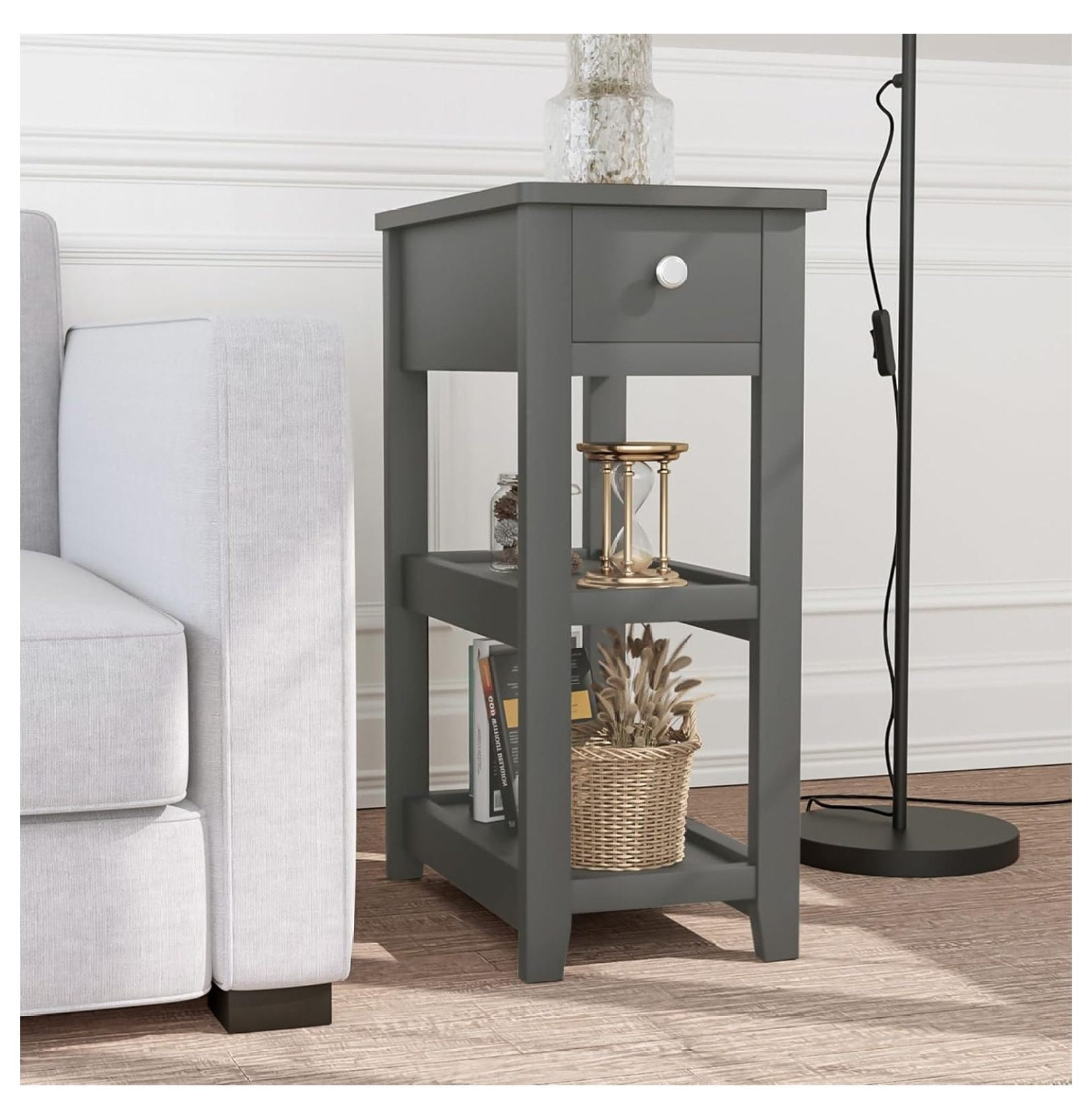 Grey End Table, 3-Tier Nightstand with Drawer and 2 Shelves, Wood Look Accent Narrow End Tables ...