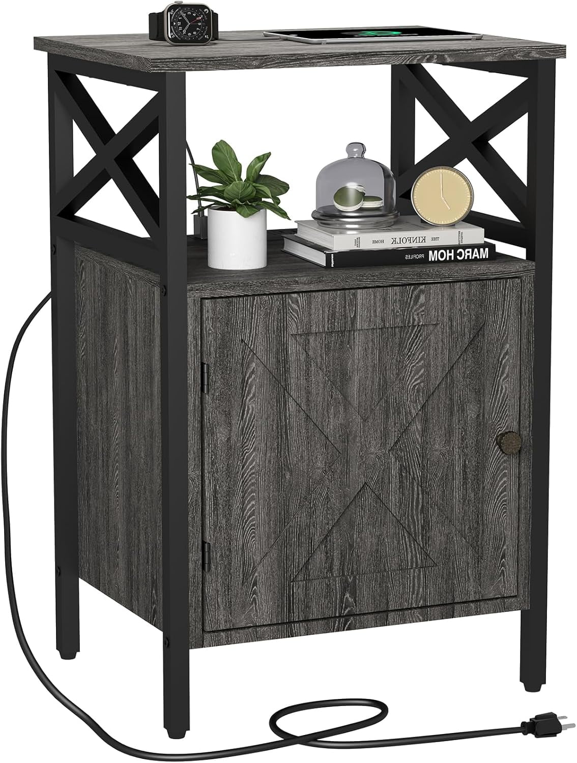 Grey End Table with Charging Station, Side Table with Power Outlet ...