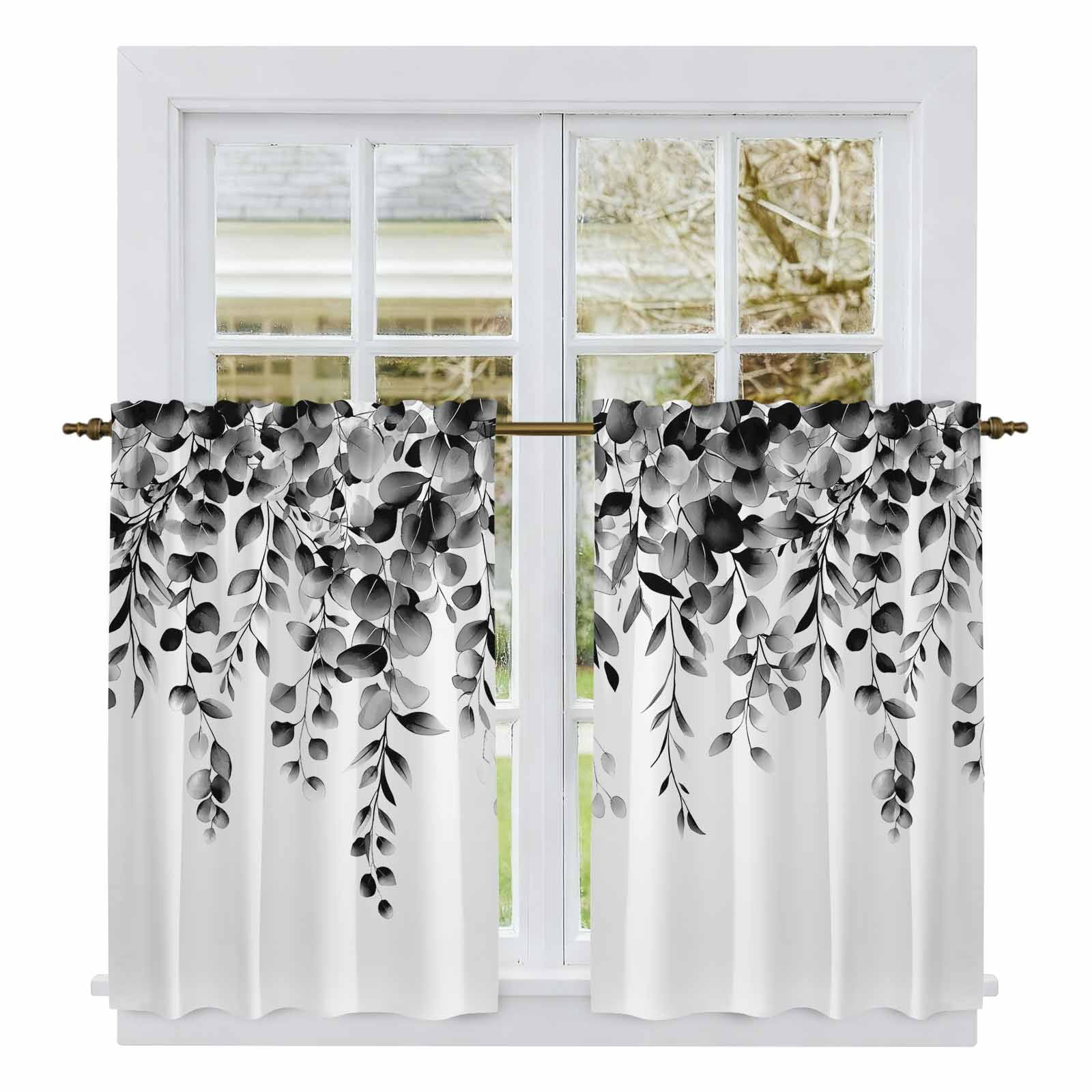 Grey Eucalyptus Kitchen Curtains, Gradient Retro Watercolor Leaves ...