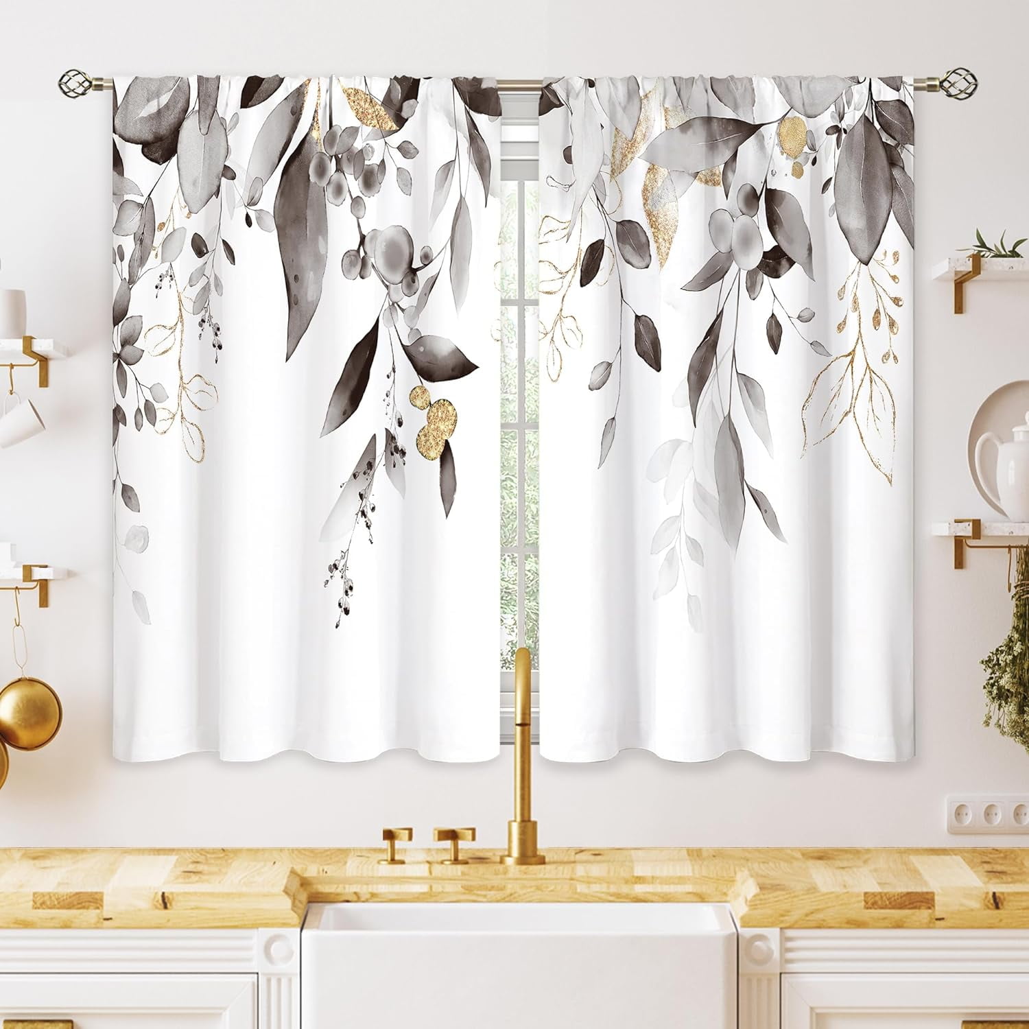 Grey Eucalyptus Kitchen Curtains, Plant Window Treatment, Leaf ...