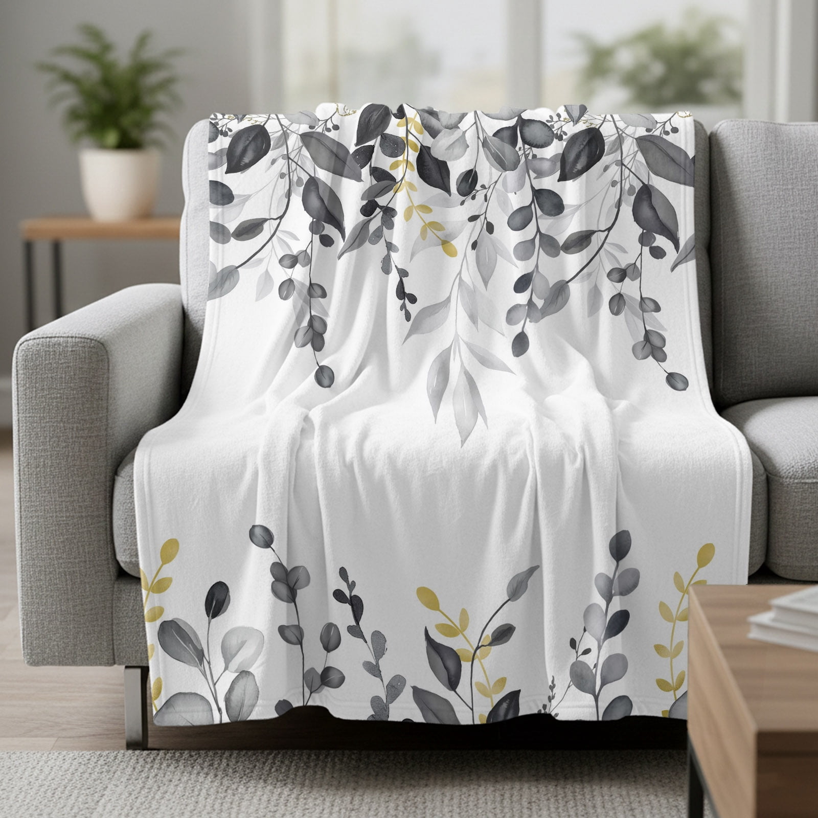 Grey Eucalyptus Leaf Fleece Throw Blanket Spring Country Farmhouse ...