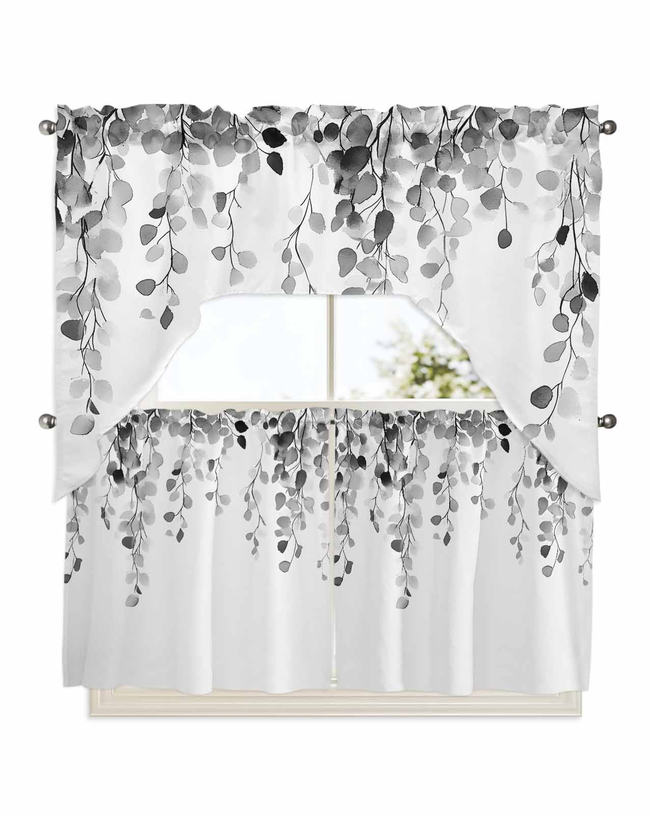 Grey Eucalyptus Leaves Kitchen Curtains Swag Valance and Tier Curtains Set 24 Inch Length ...