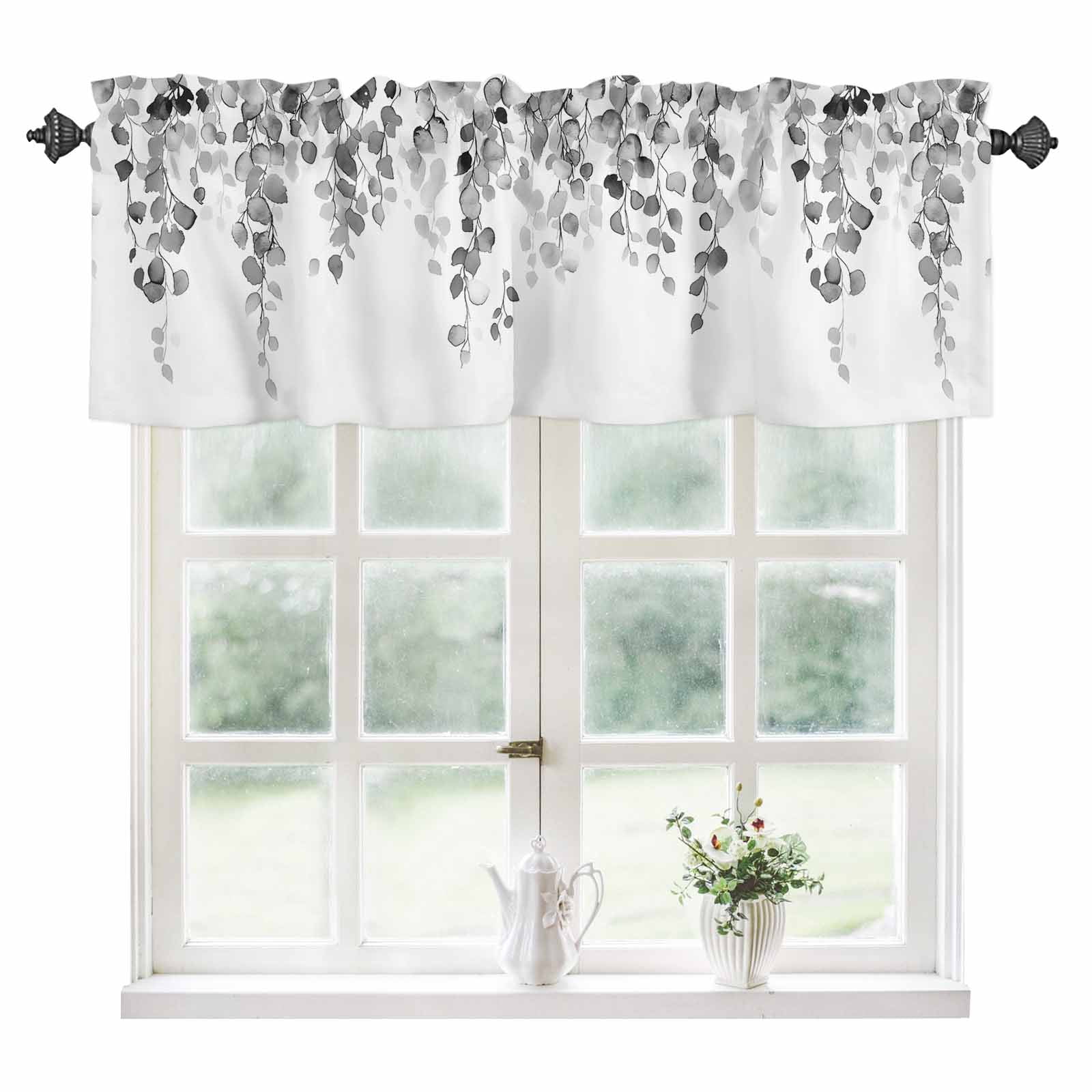 Grey Eucalyptus Leaves Kitchen Valances for Windows 60x18 Inch Kitchen ...
