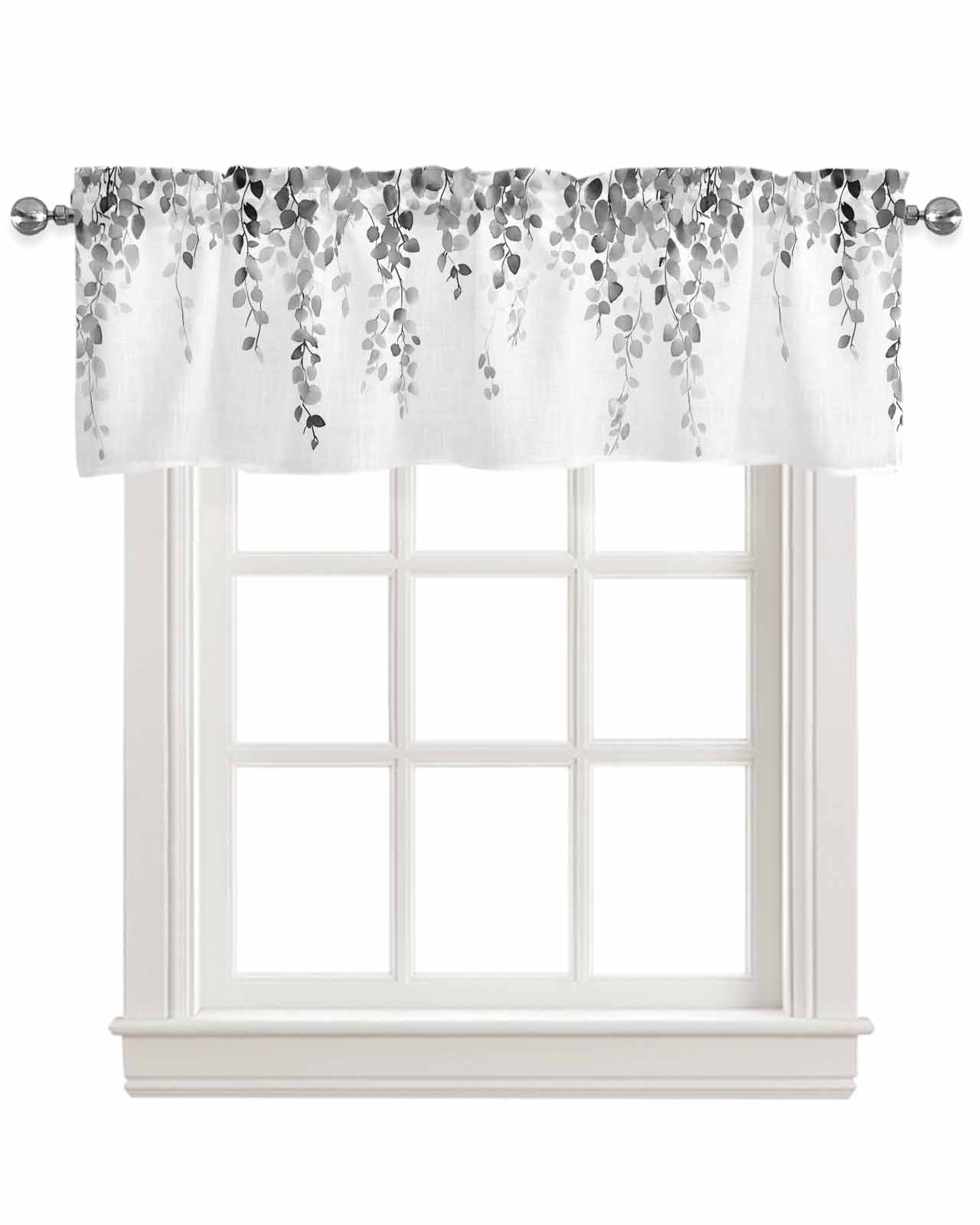 Grey Eucalyptus Leaves Kitchen Valances for Windows Farmhouse Linen ...