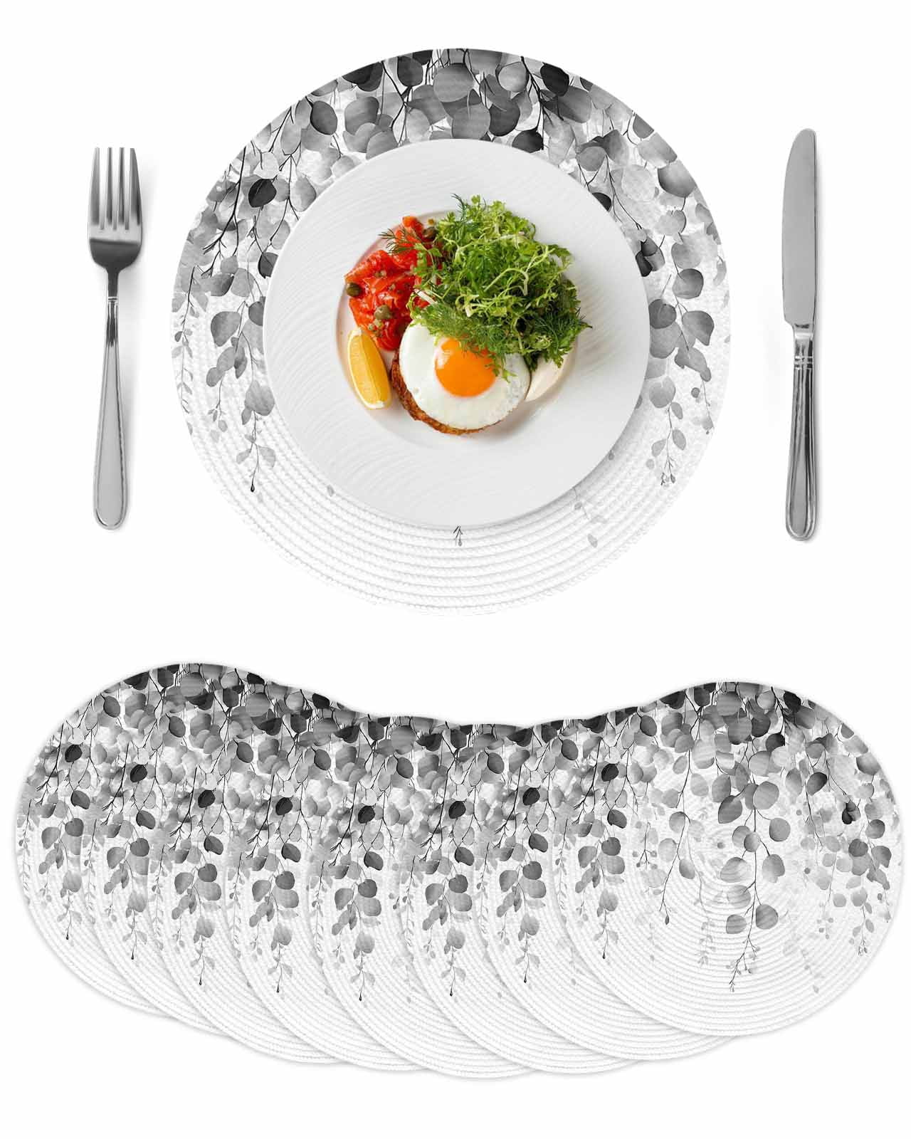 Grey Eucalyptus Round 13 Inch Placemats Set of 8, Spring Botanical ...