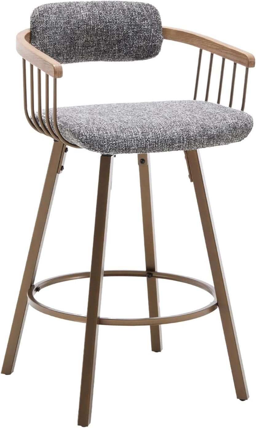 Grey Fabric Counter Stools Single Swivel Bar Stools with Barrel Back ...