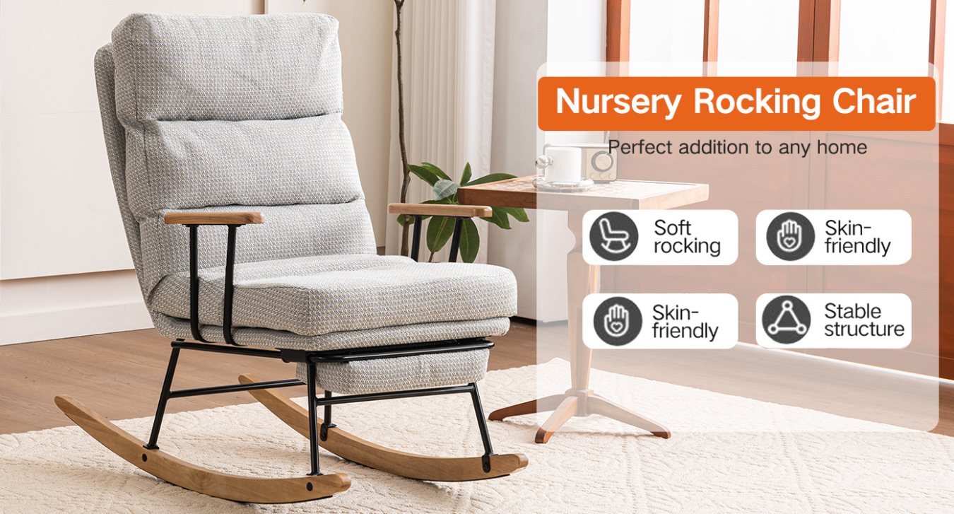 Grey Fabric Gliding Rocking Chair with High Back Support, Retractable ...
