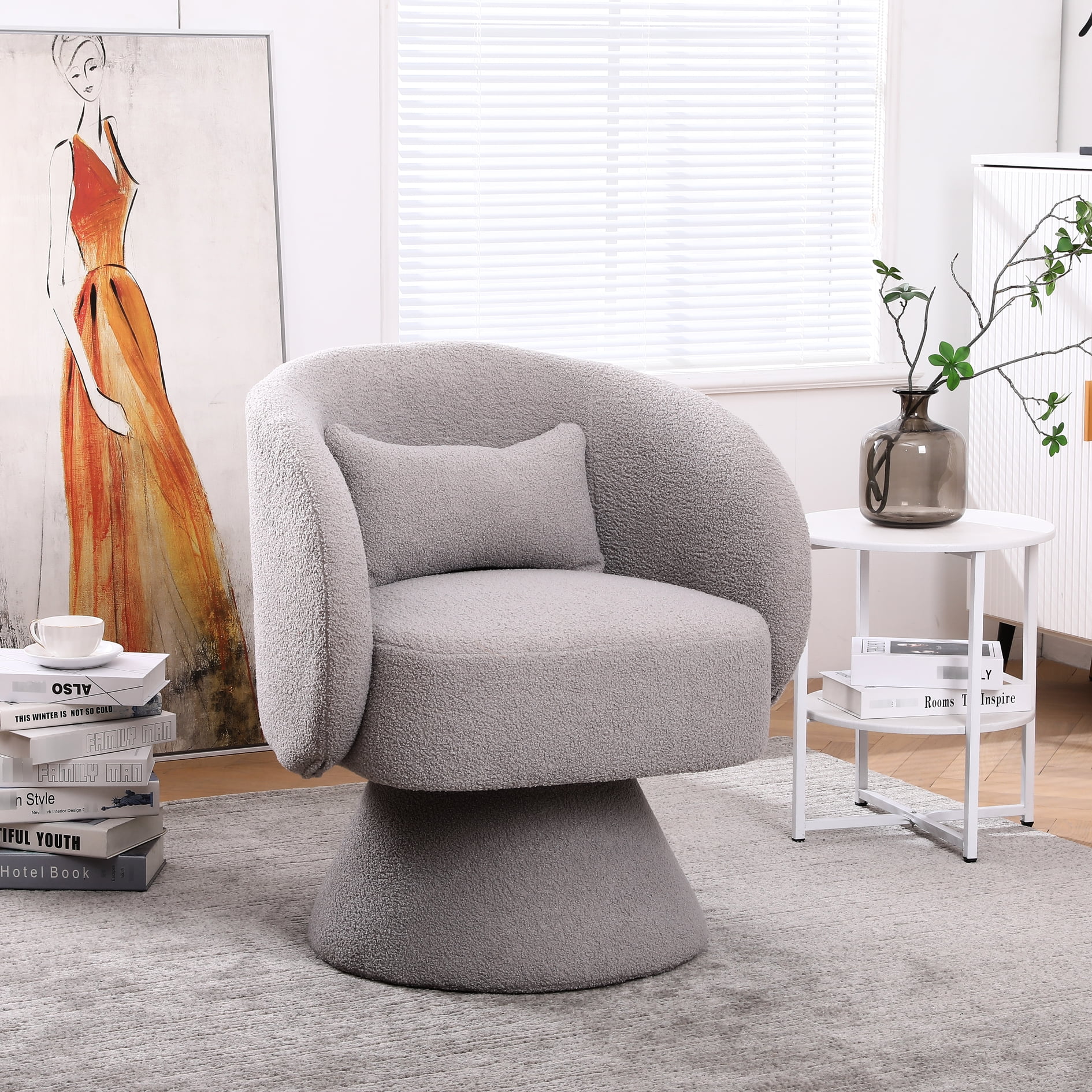 Grey Fabric Round Swivel Armchair For Home - Wooden Base With 360 ...