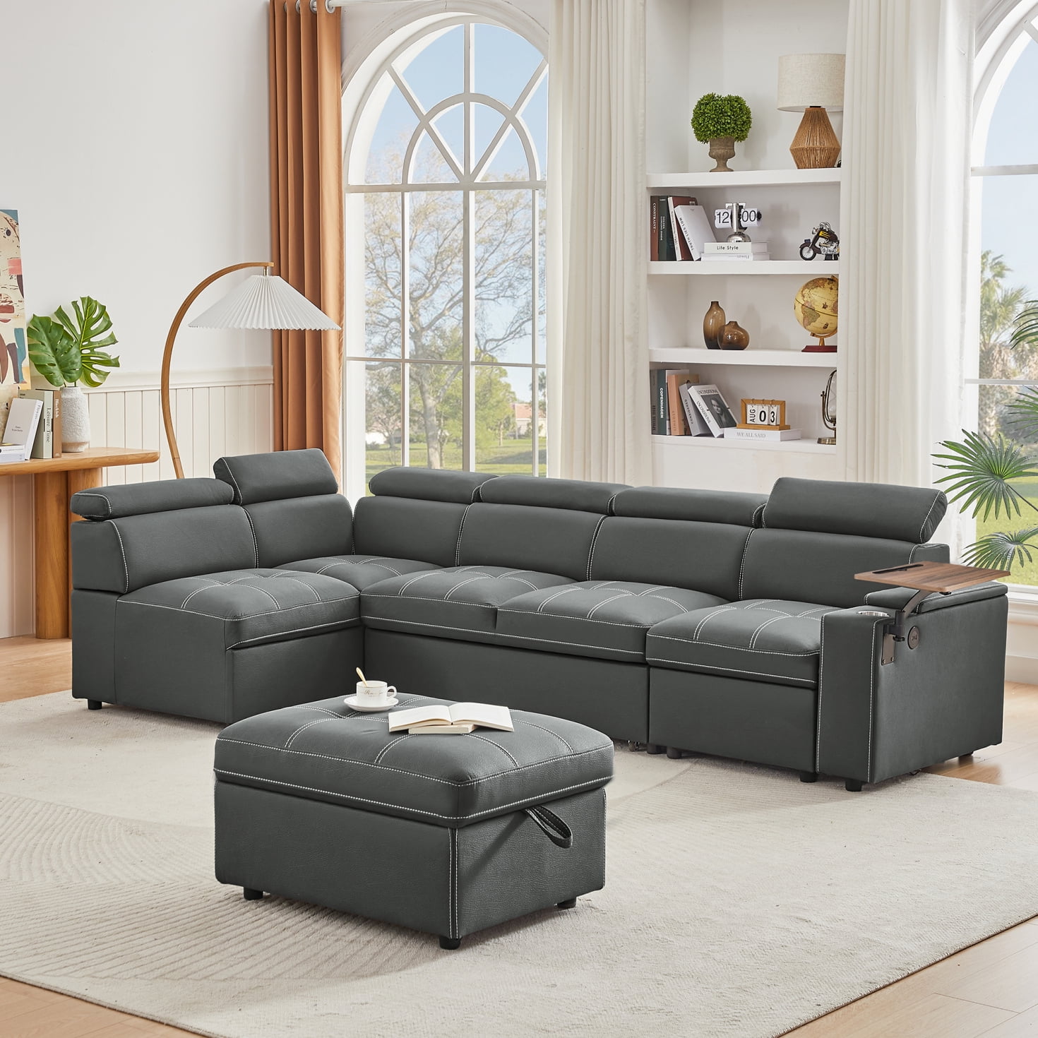 Grey Fabric Sectional Sofa with Storage Ottoman - Converts to Bed ...
